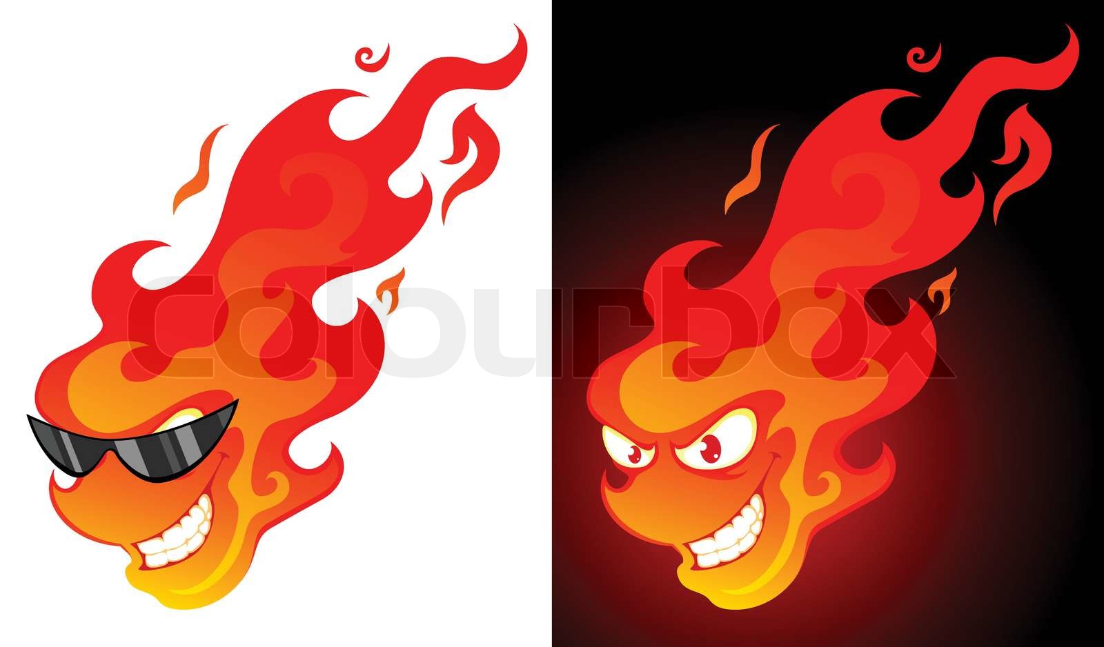 Smiling cartoon fire with on white and dark background | Stock vector ...