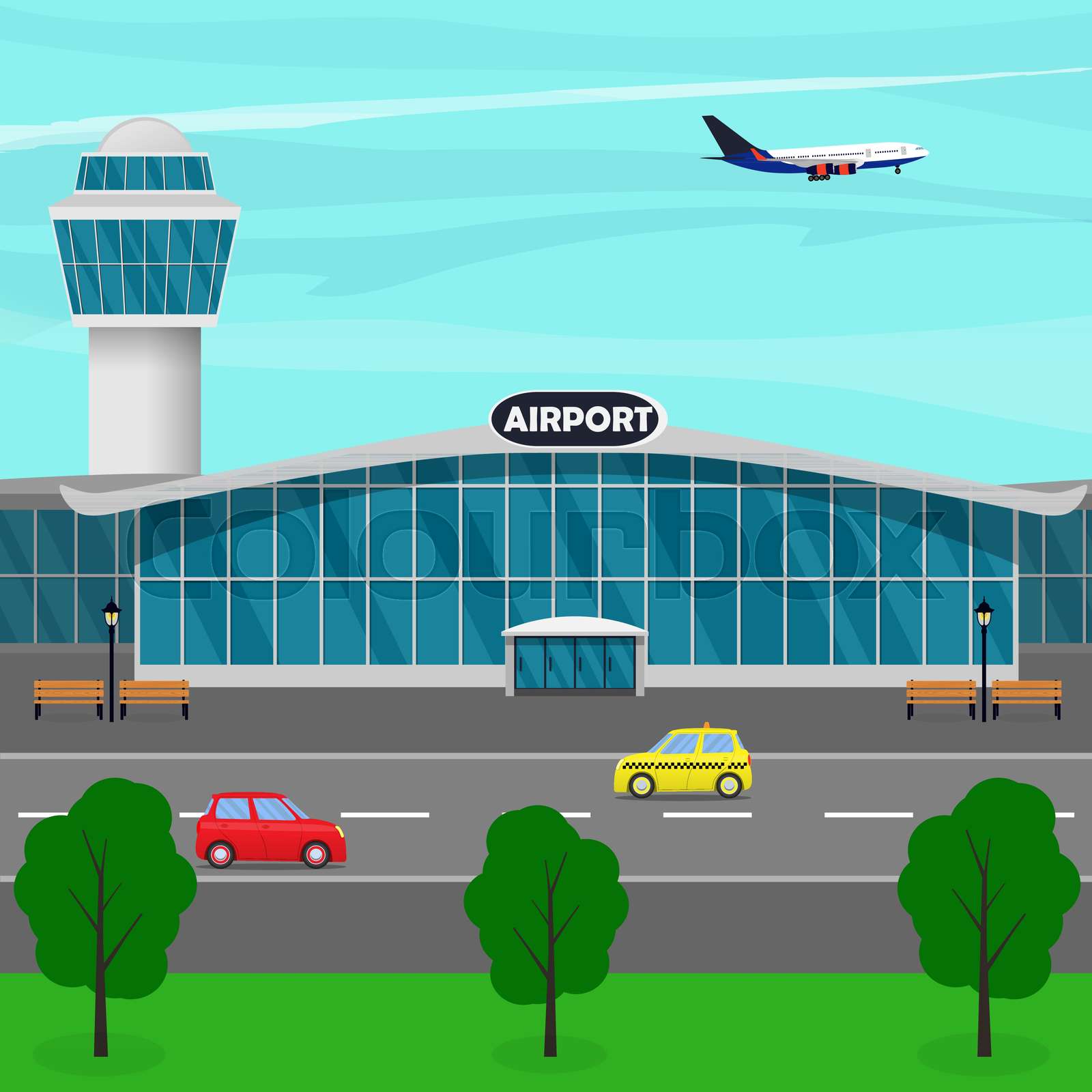 Airport terminal building, control tower, plane taking off, taxi drives ...