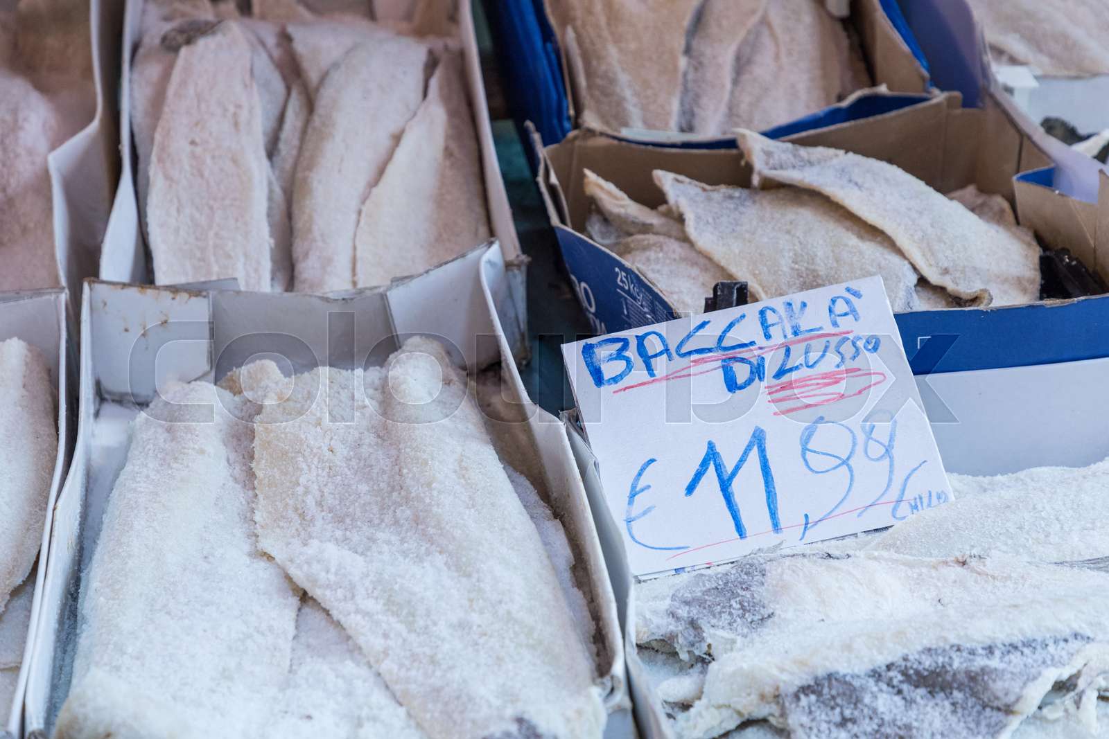 Dried salted cod fish bacalhau in traditional market in Palermo in ...