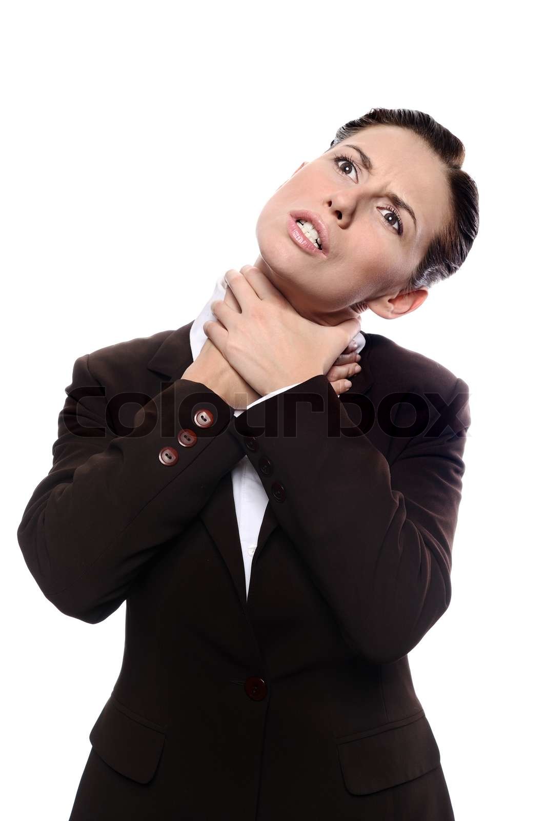 Secretary or business woman choking herself Isolated on white ...