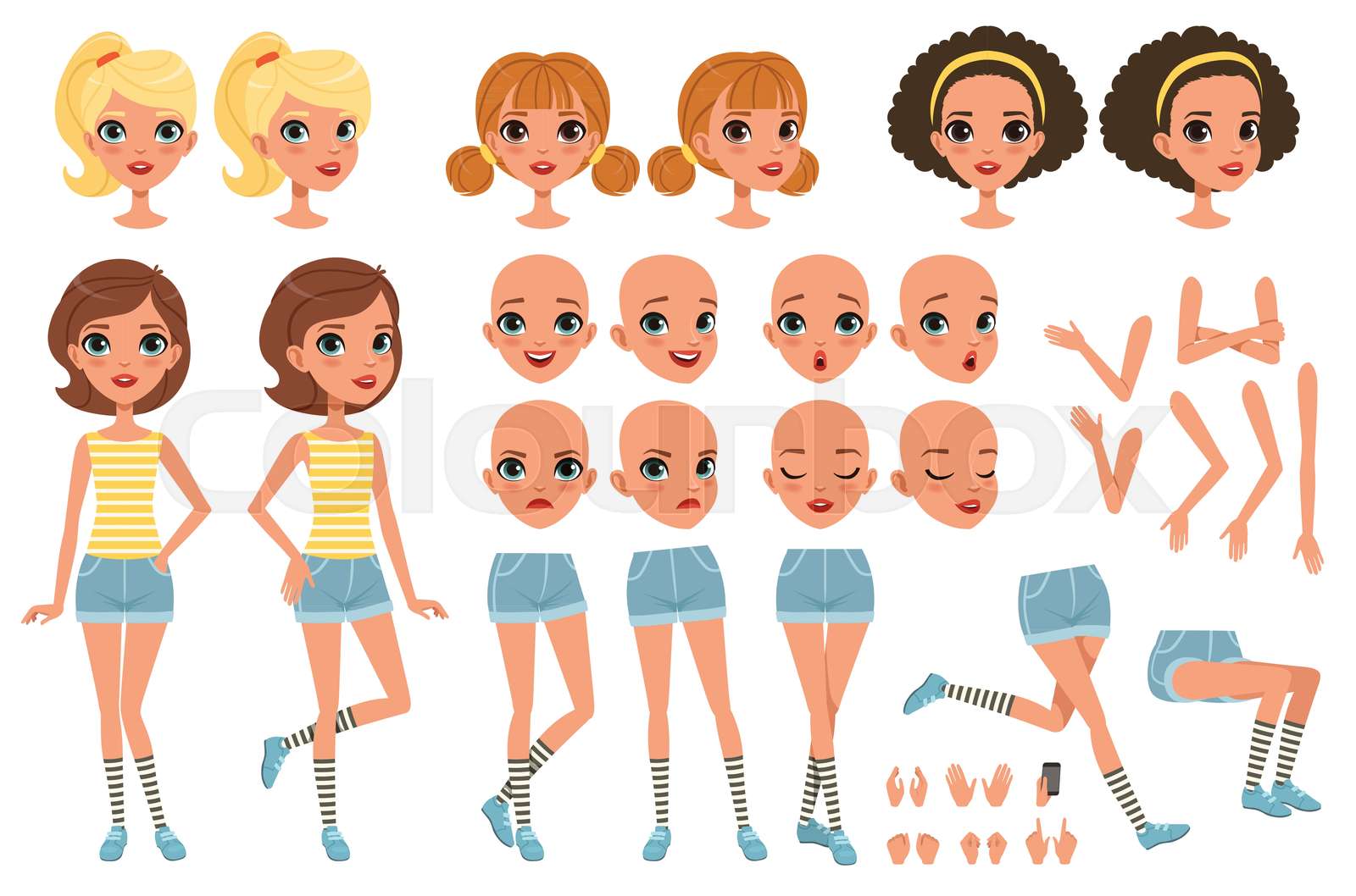 Cirl character creation set, cute girl constructor with different poses ...