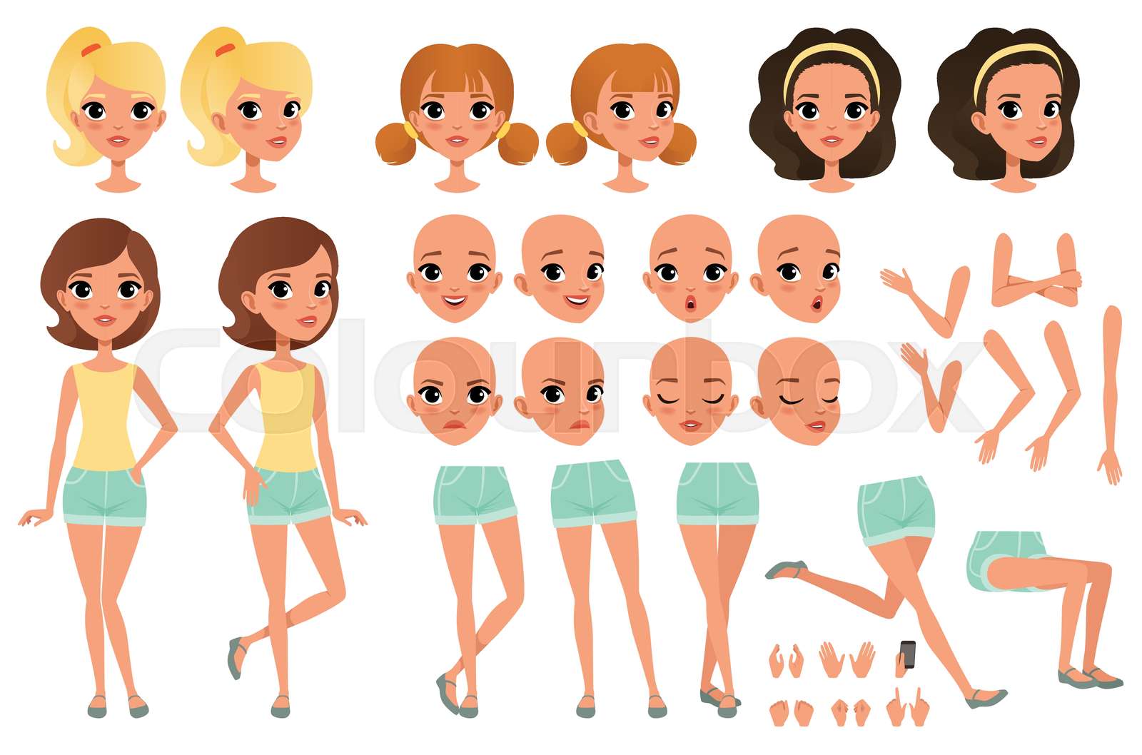 Teenager girl character creation set with various views, poses, face ...