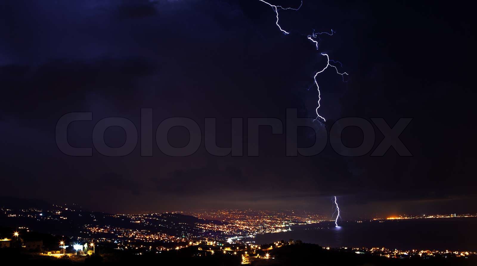 Lightning, thunderstorm at night sky, overcast winter weather with ...