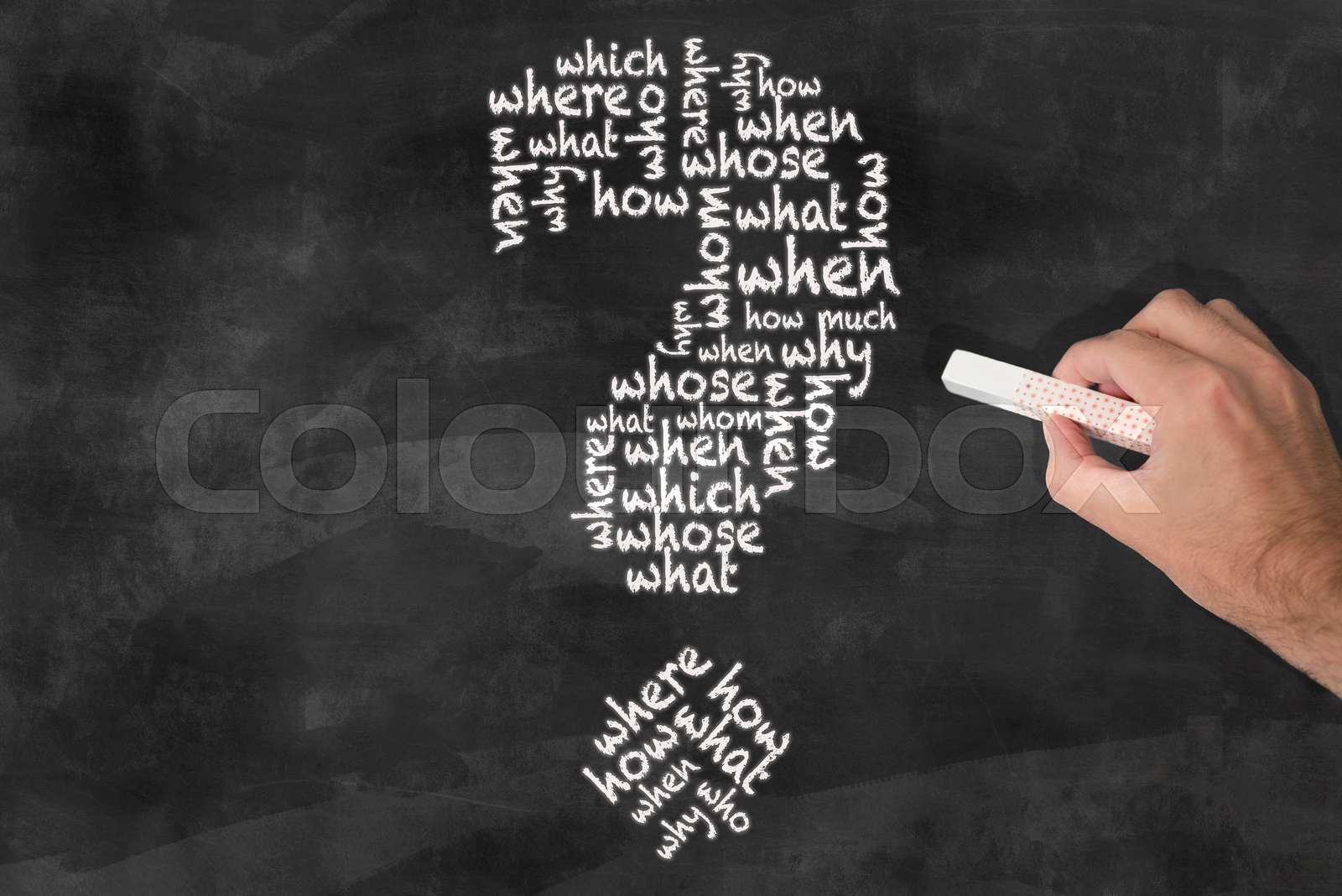 hand holding piece of chalk writing question words in shape of question ...