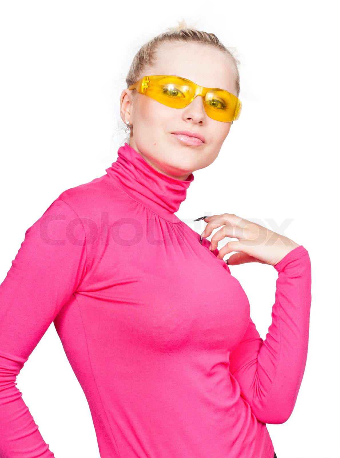 Smuk blondine i de gule briller isoleret på en hvid baggrund | Stock ...