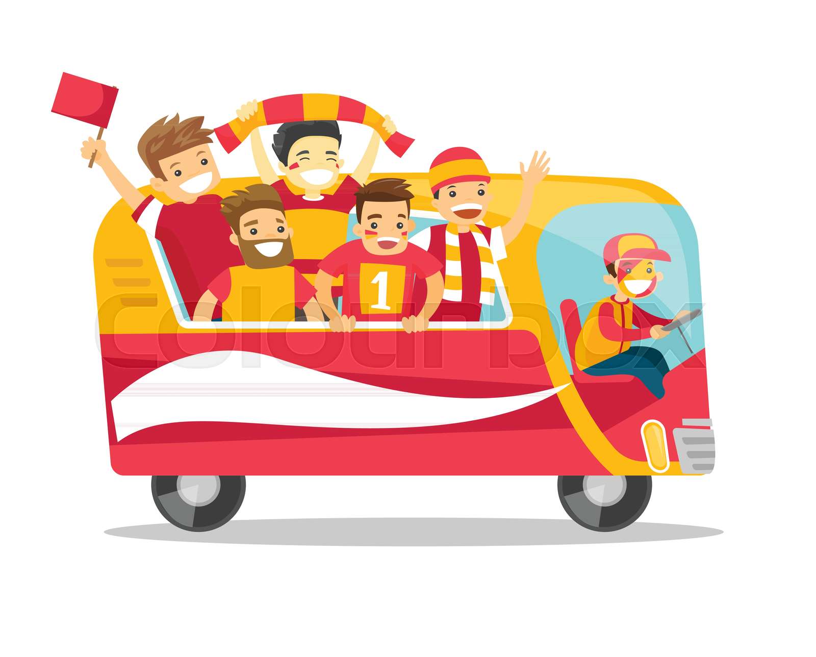 Bus full of cheerful football players or fans. | Stock vector | Colourbox