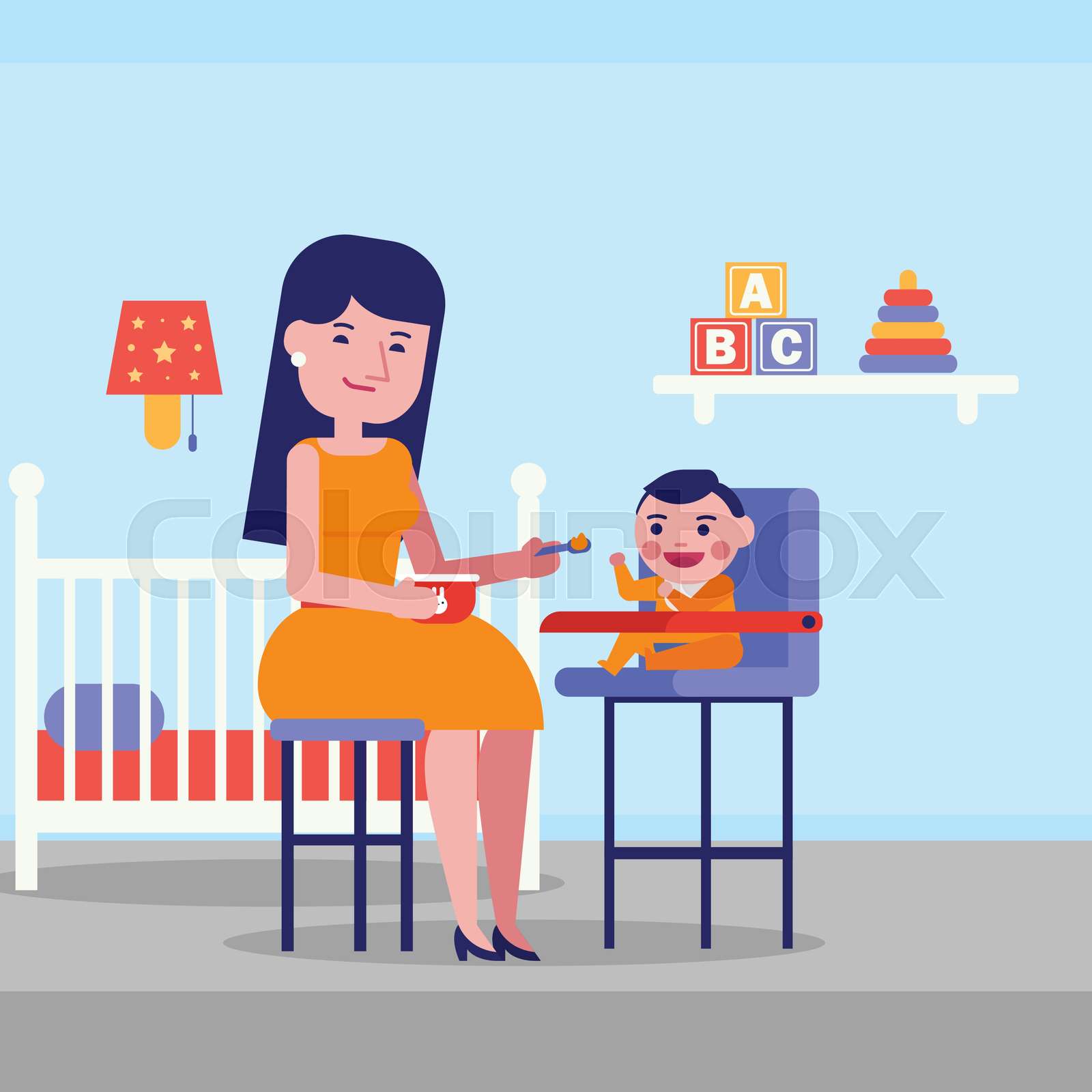 Young caucasian white mother feeding her baby. | Stock vector | Colourbox