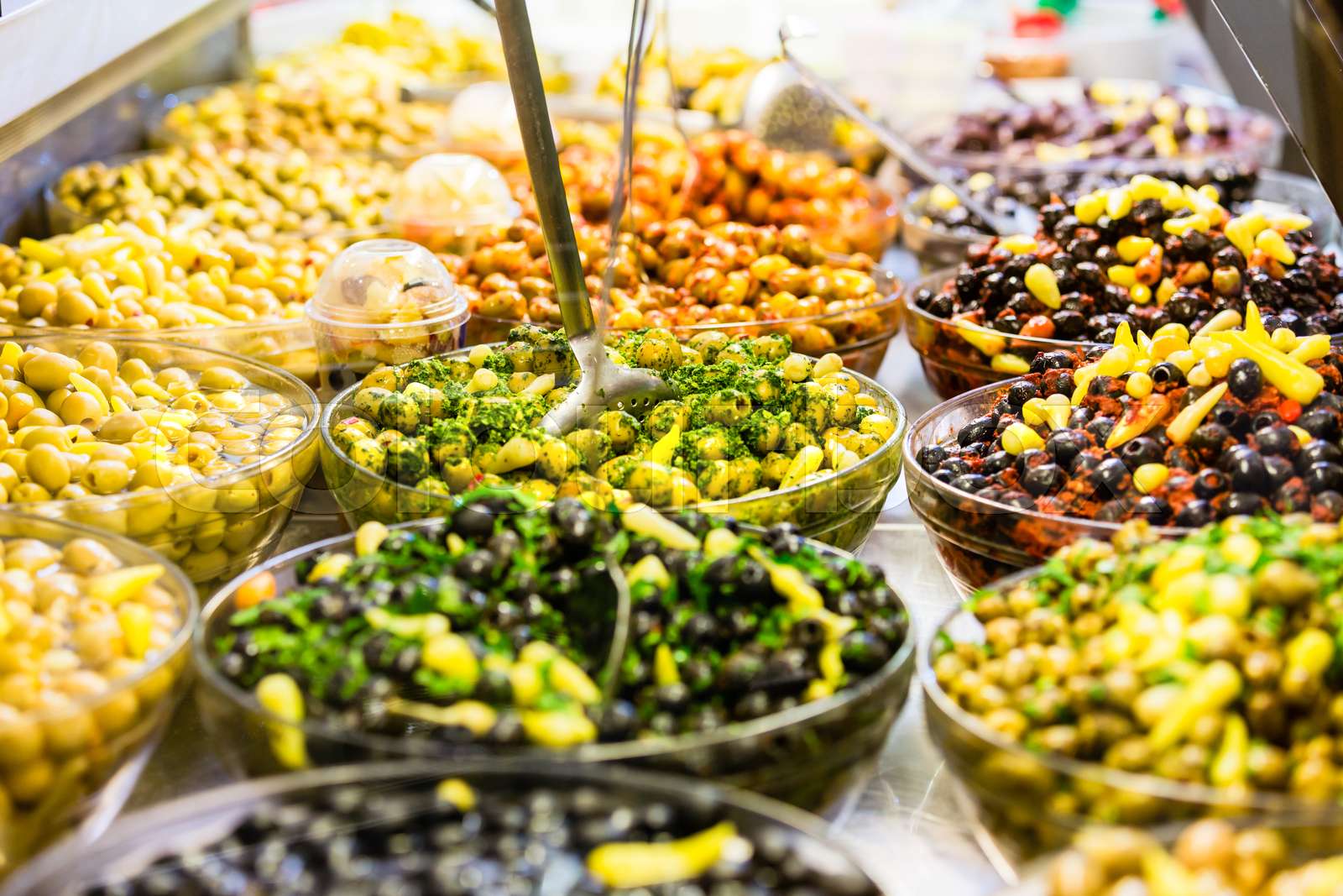 Display with Meze appetizers in delicatessen shop | Stock image | Colourbox