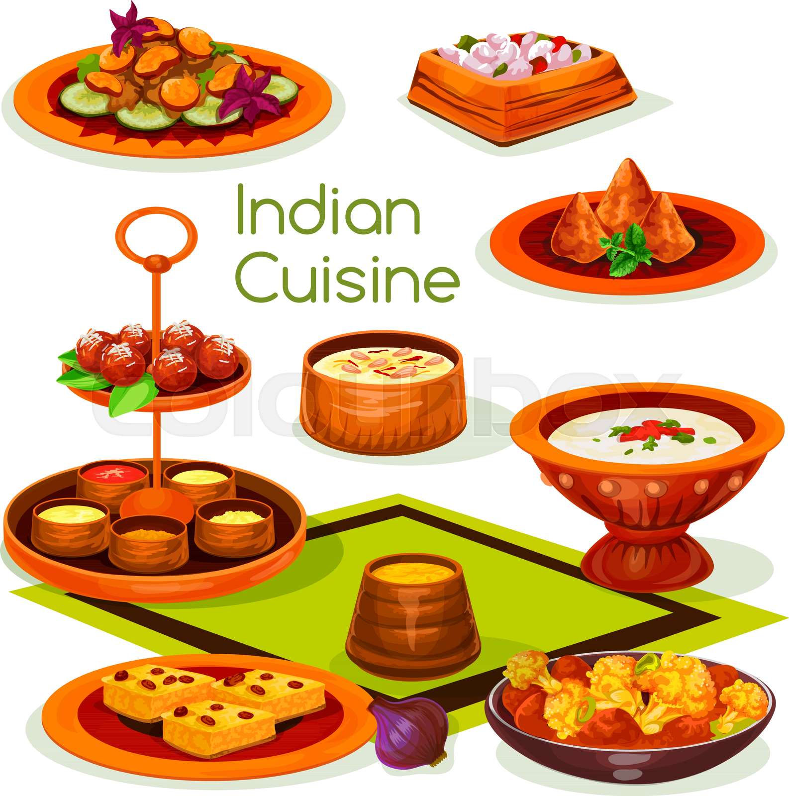 Indian cuisine lunch with traditional asian food | Stock vector | Colourbox
