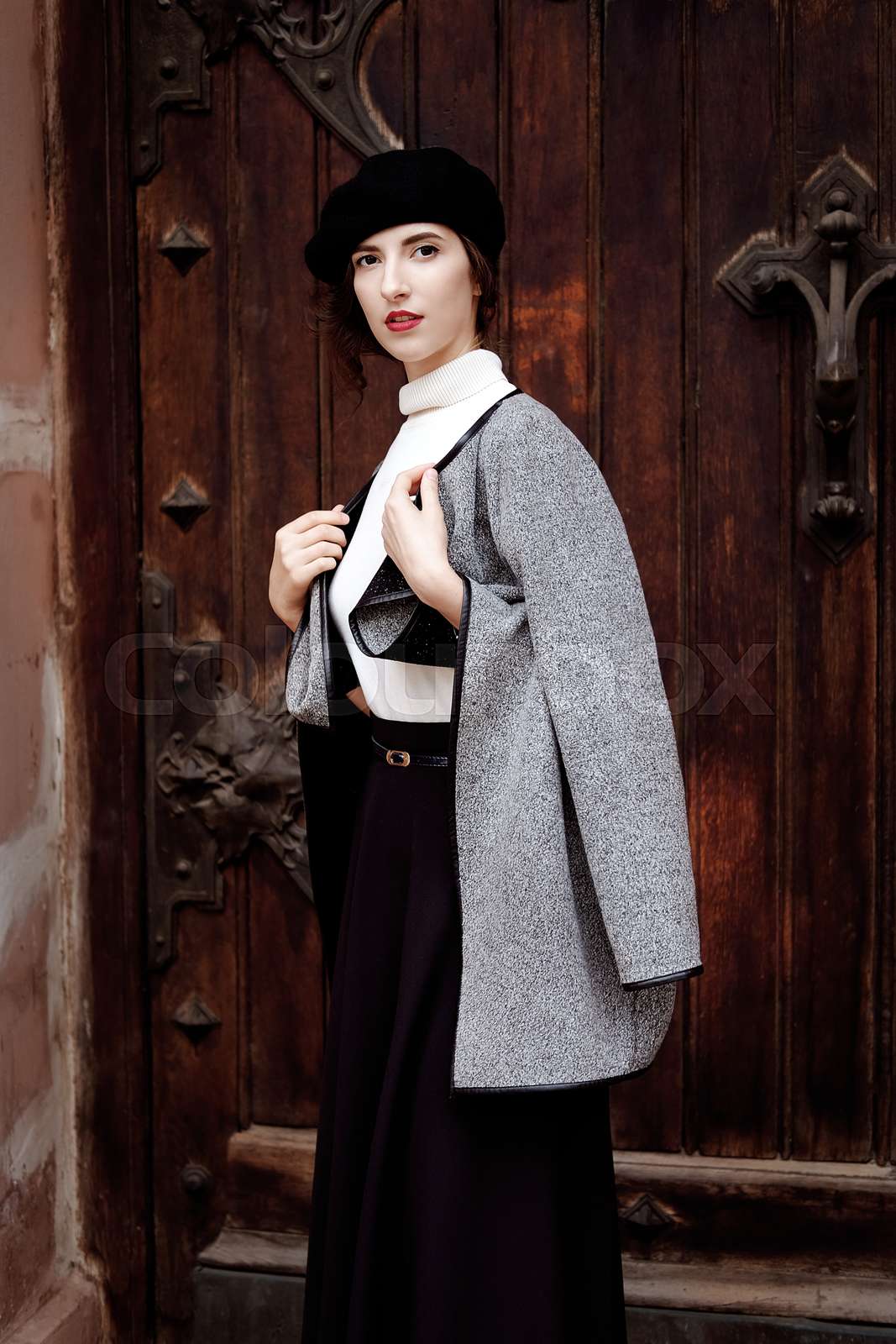 Retro styled portrait. Teacher woman in old fashioned classic outfit ...