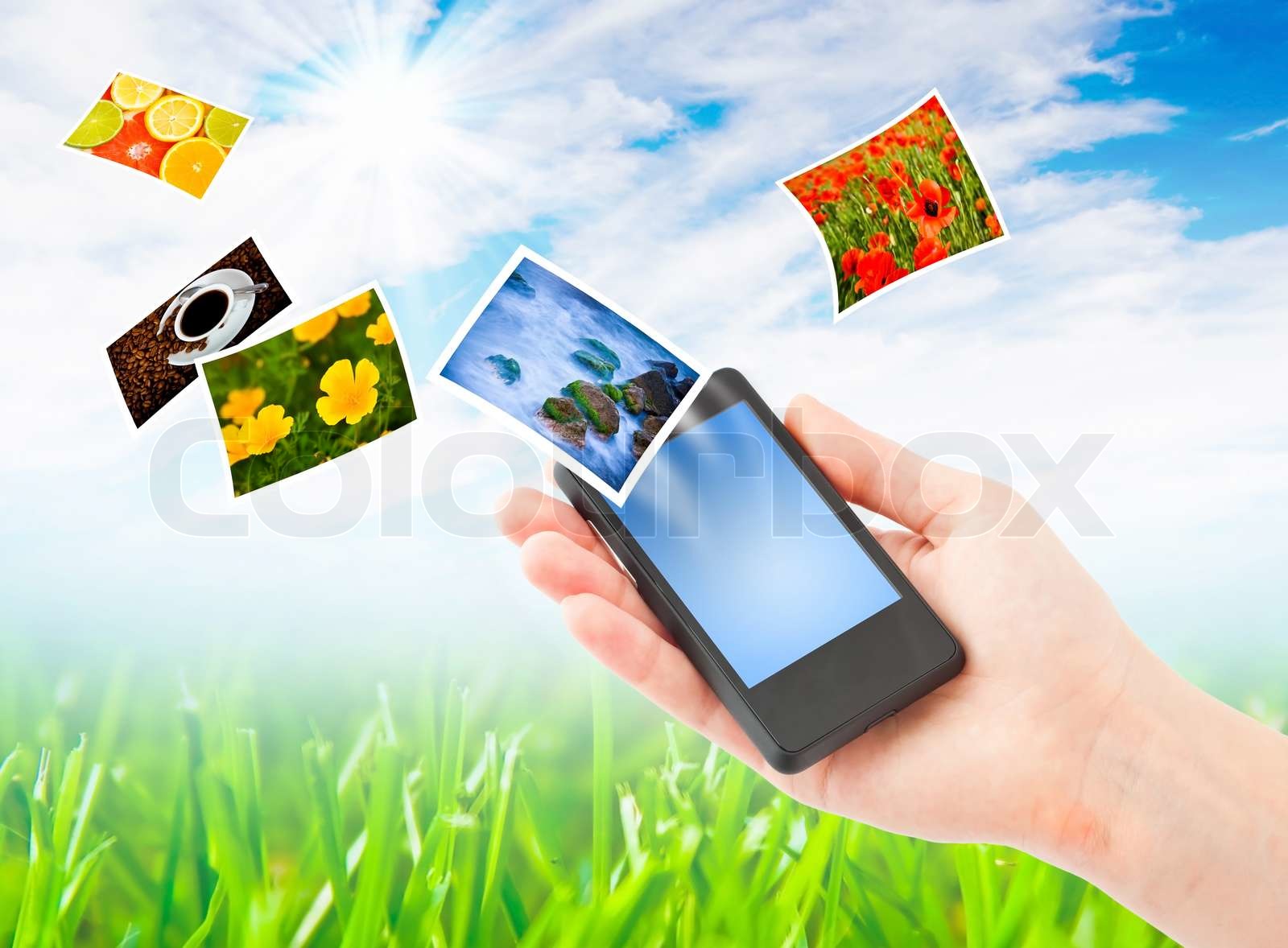 Mobile phone and hand. Communication concept. Collage | Stock image ...