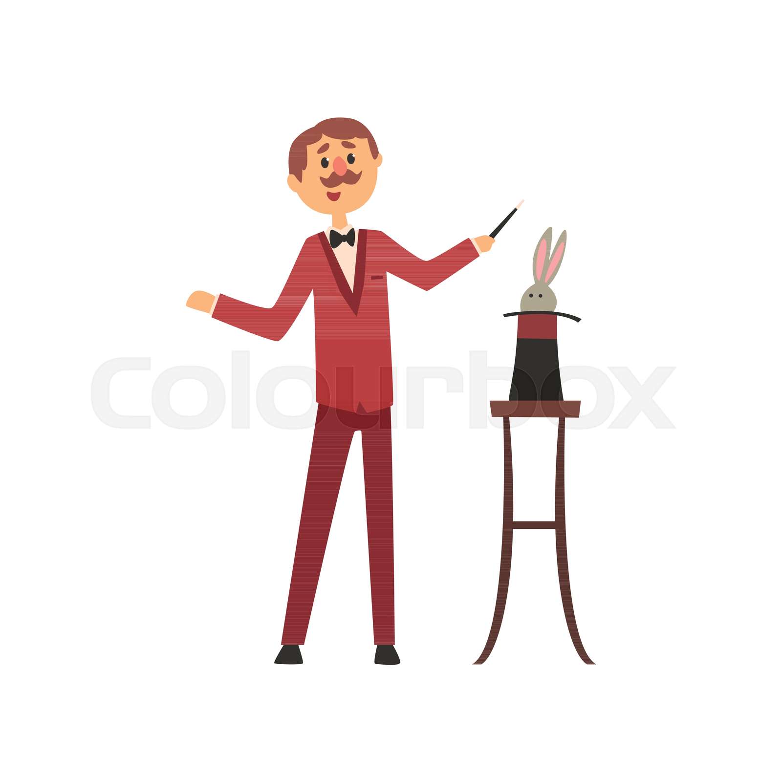 Man performing focus with rabbit appearing from top magic hat. Cartoon ... Man performing focus with rabbit appearing from top magic hat. Cartoon ...