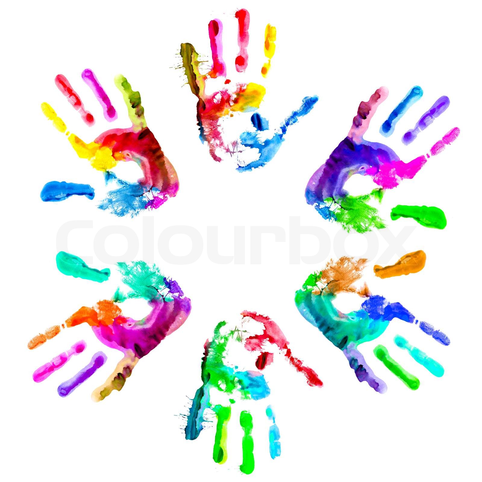 Multi farbige gemalte handprints angeordnet in einem Kreis auf einem ...