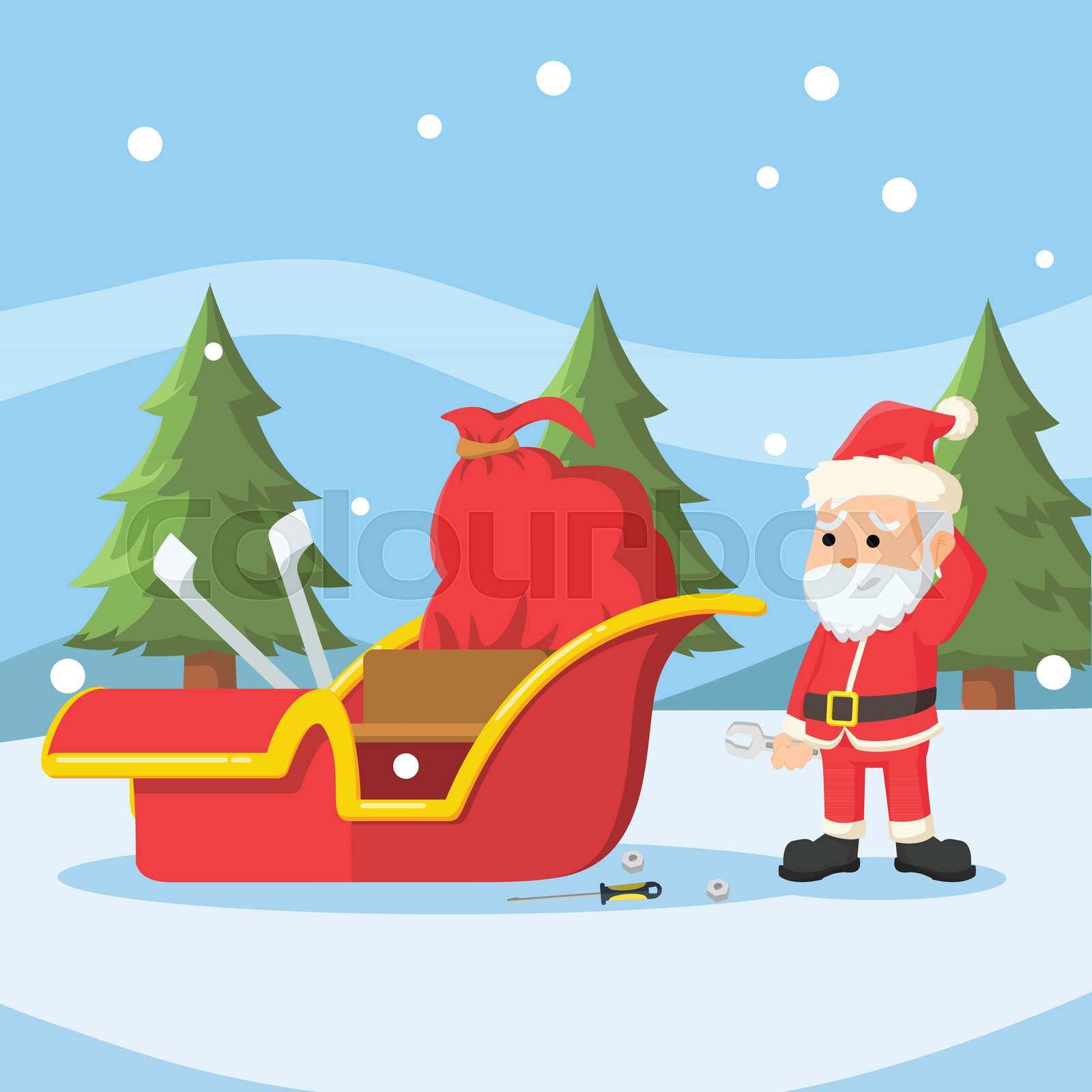 Santa repairing his sleigh | Stock vector | Colourbox