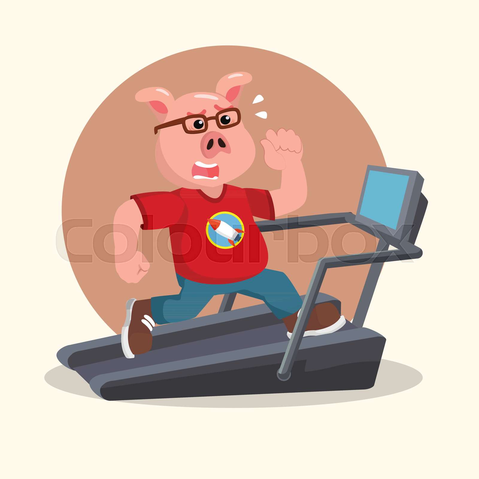 Fat nerd pig running on treadmill | Stock vector | Colourbox