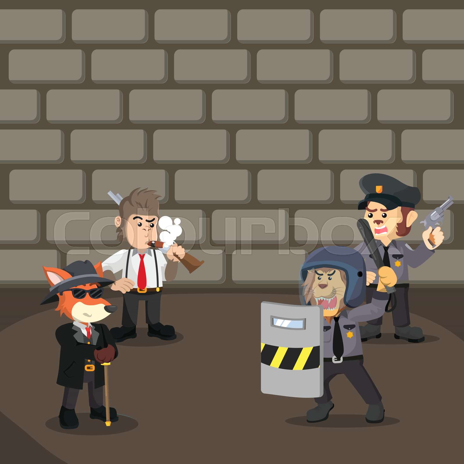 Group of animal mafia fighting with group of animal police | Stock ...