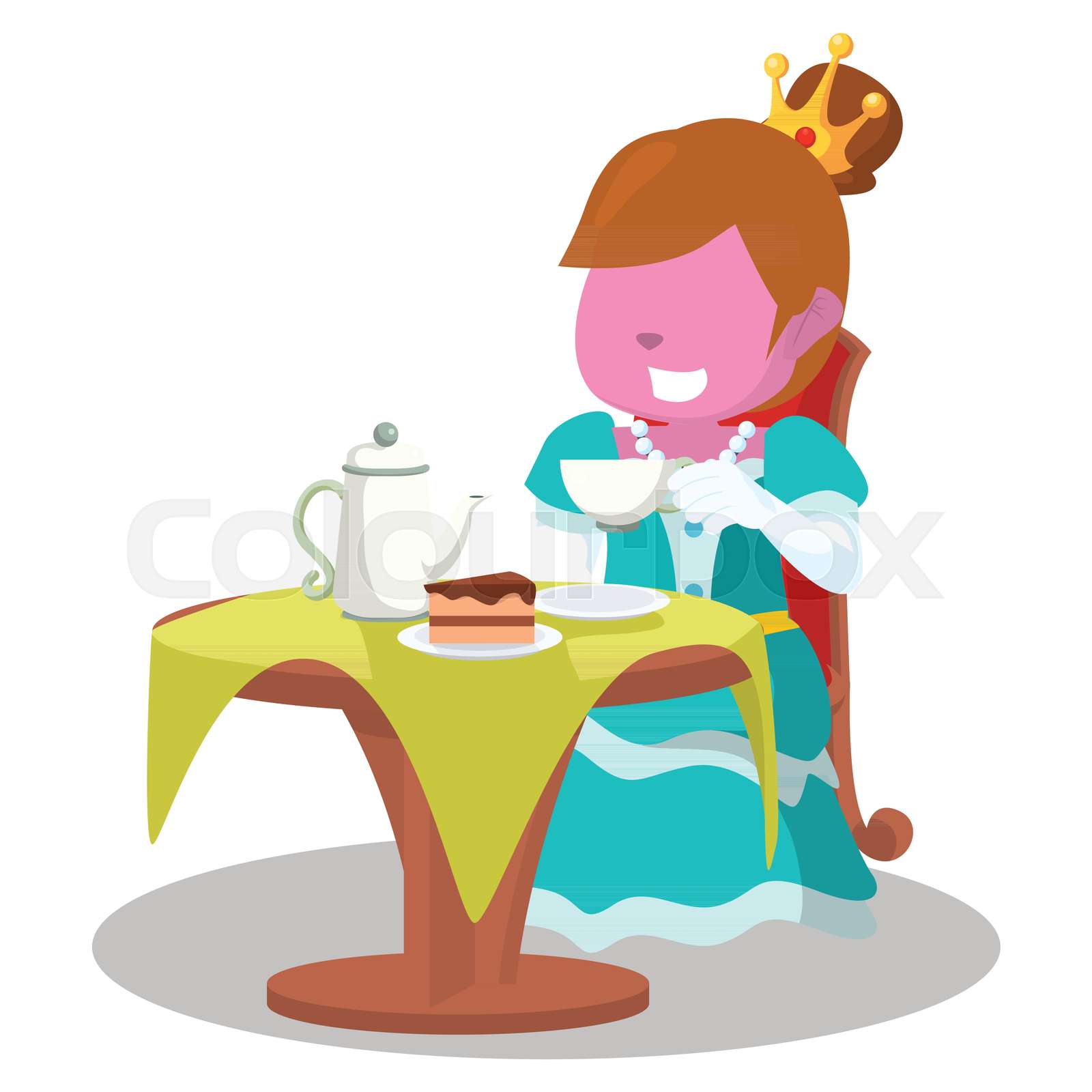 Pink princess drinking tea and eating cake | Stock vector | Colourbox