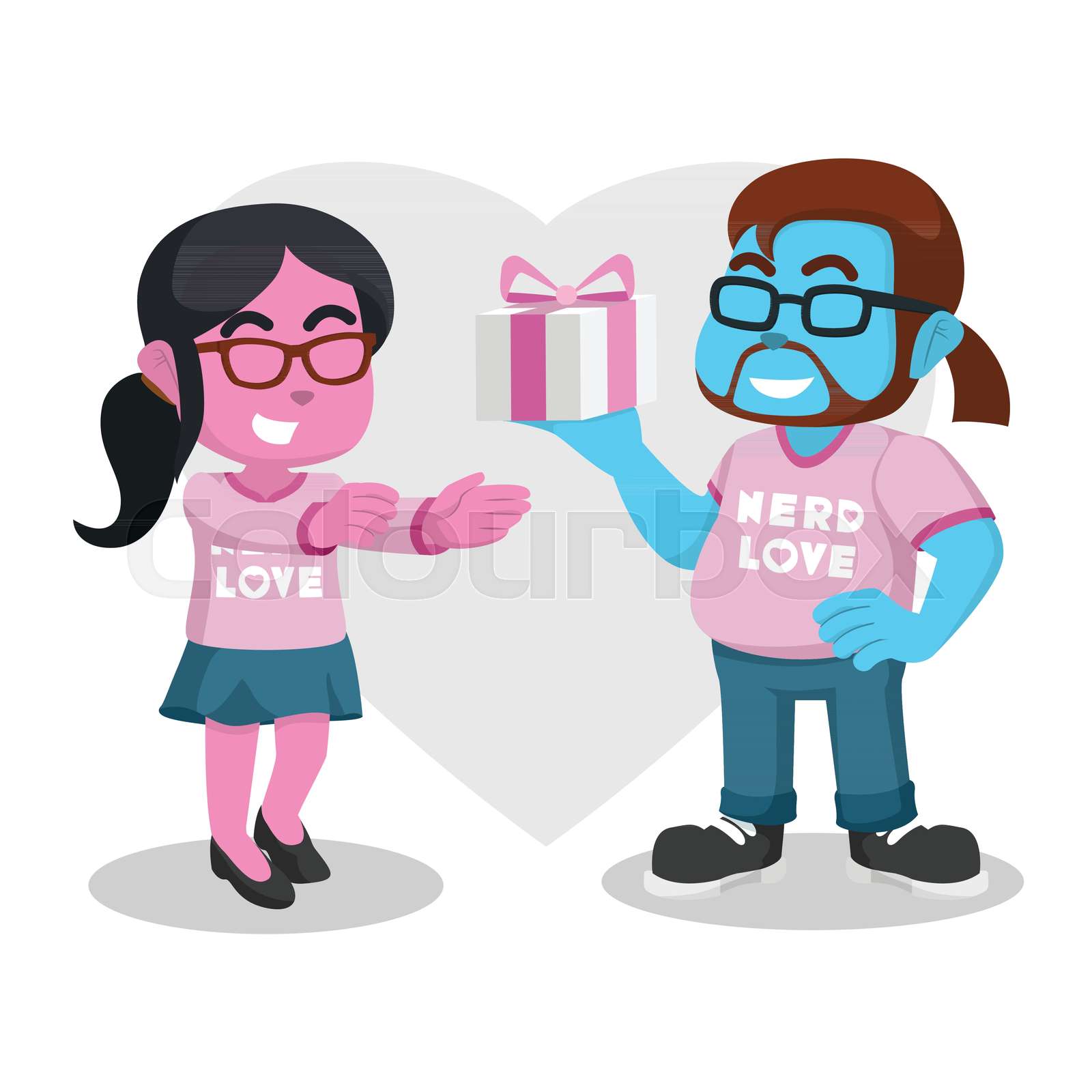 Blue nerd boy giving a present to his pink nerd girlfriend | Stock ...