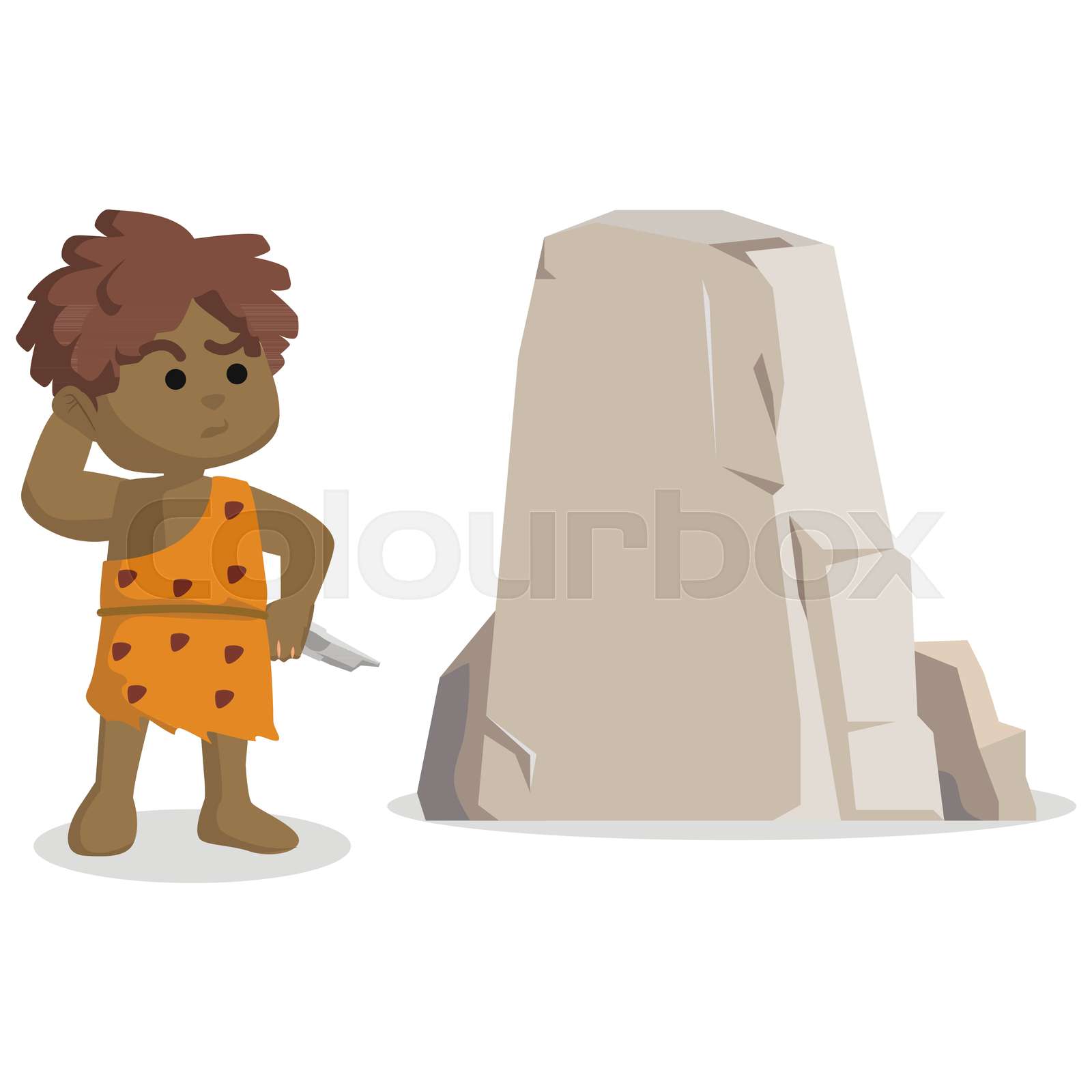 Caveman being confused with the rock in front | Stock vector | Colourbox