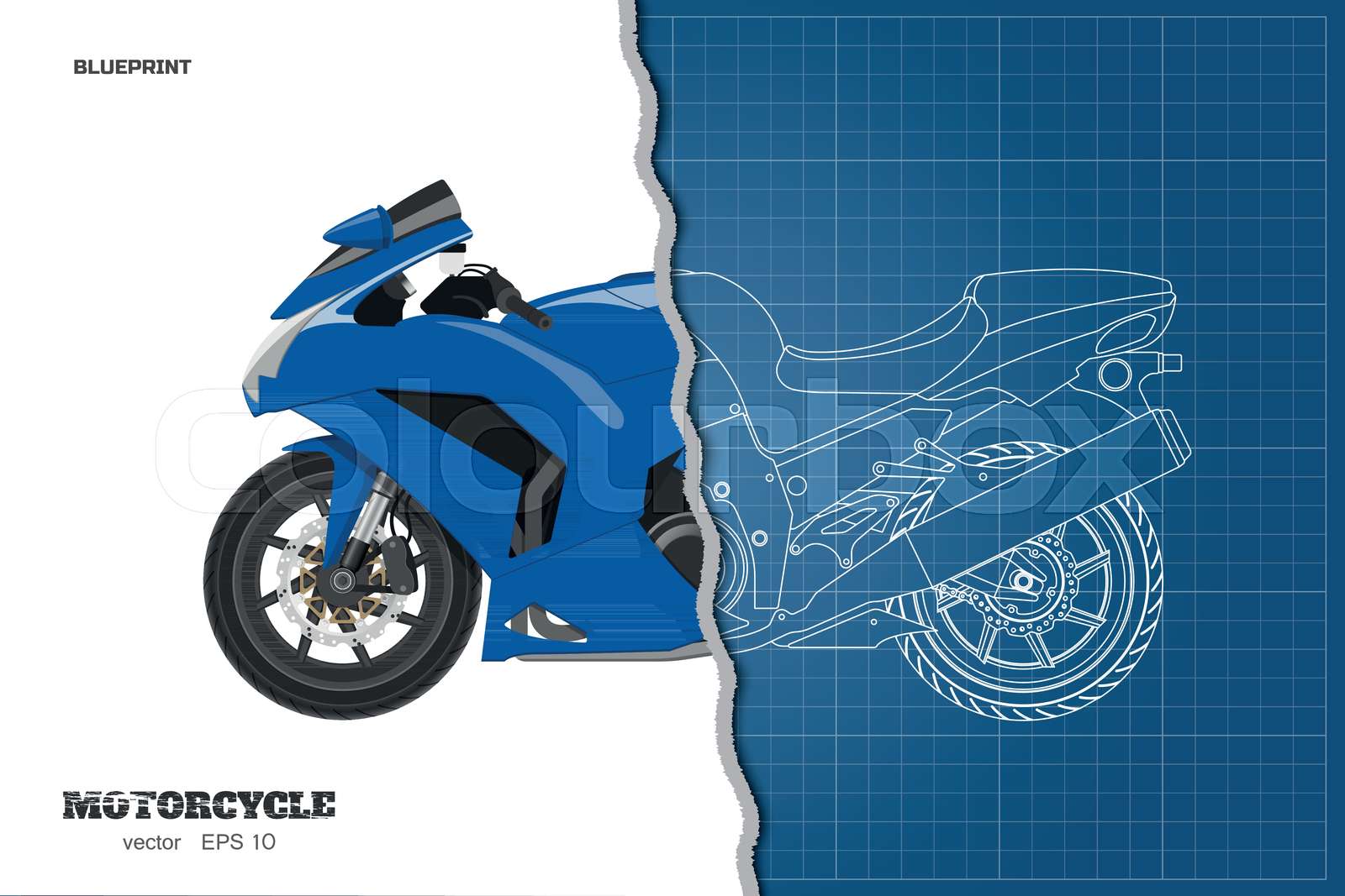 Blue motorcycle in realistic style. Side view. Detailed outline ...