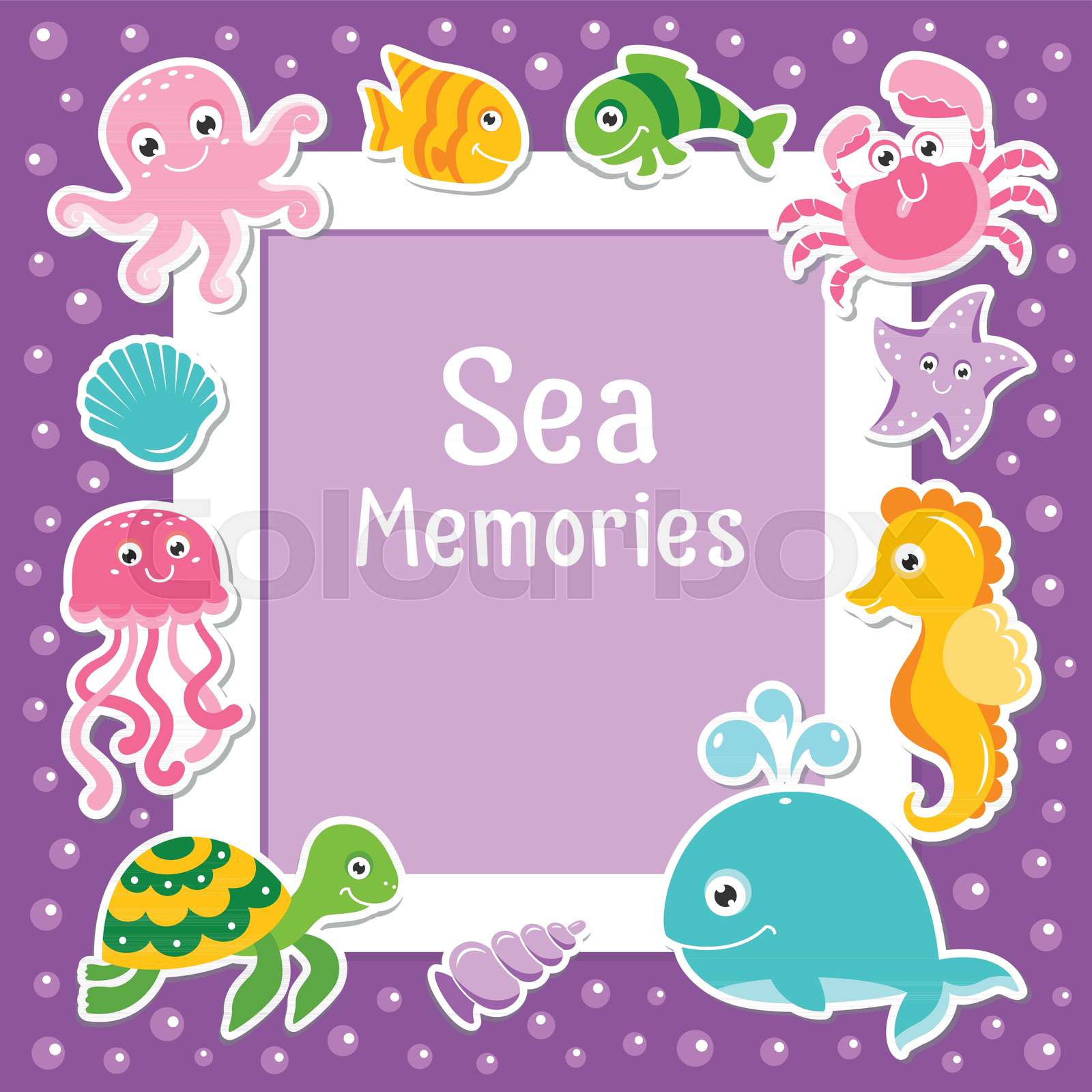 Violet border with cute sea animals. Sea frame with bubbles and ocean ...