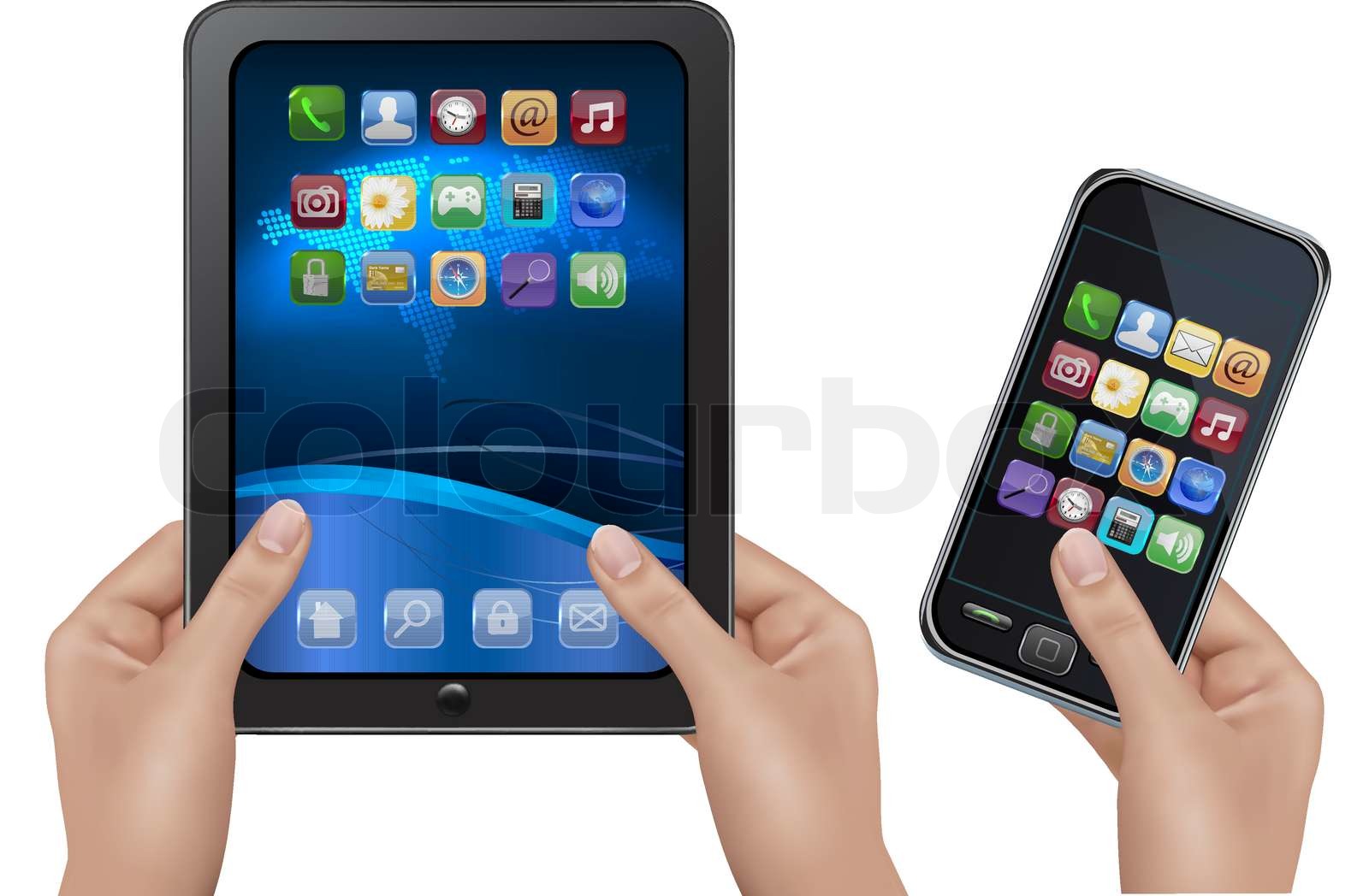 Hænder, der holder digital tablet computer med ikoner og mobil telefon ...