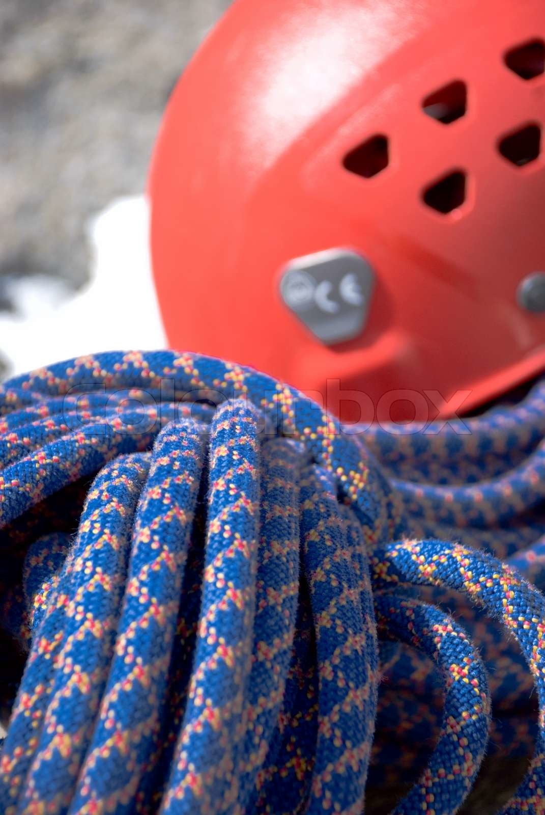 Blue climbing rope and halmet | Stock image | Colourbox