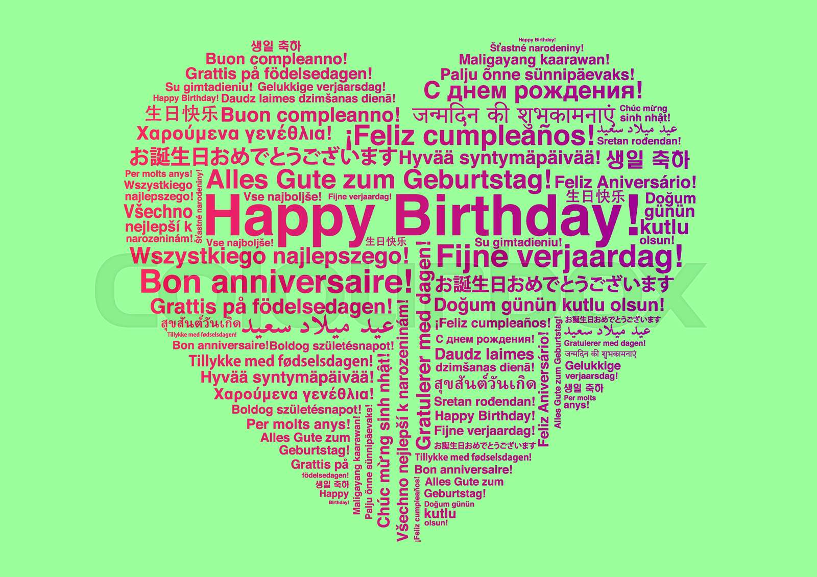 Happy Birthday in different languages wordcloud in heart shape greeting ...