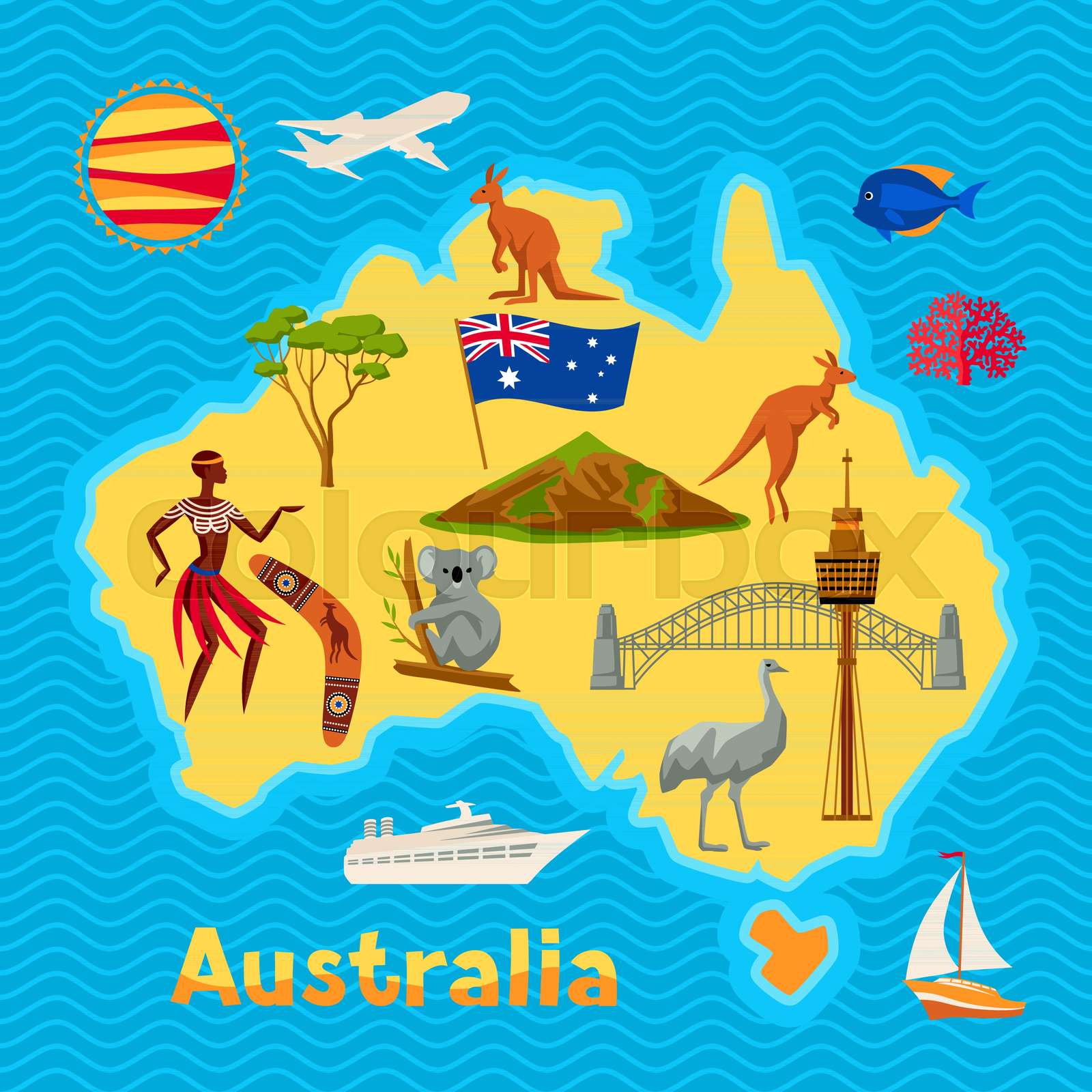 Australia map design. Australian traditional symbols and objects ...