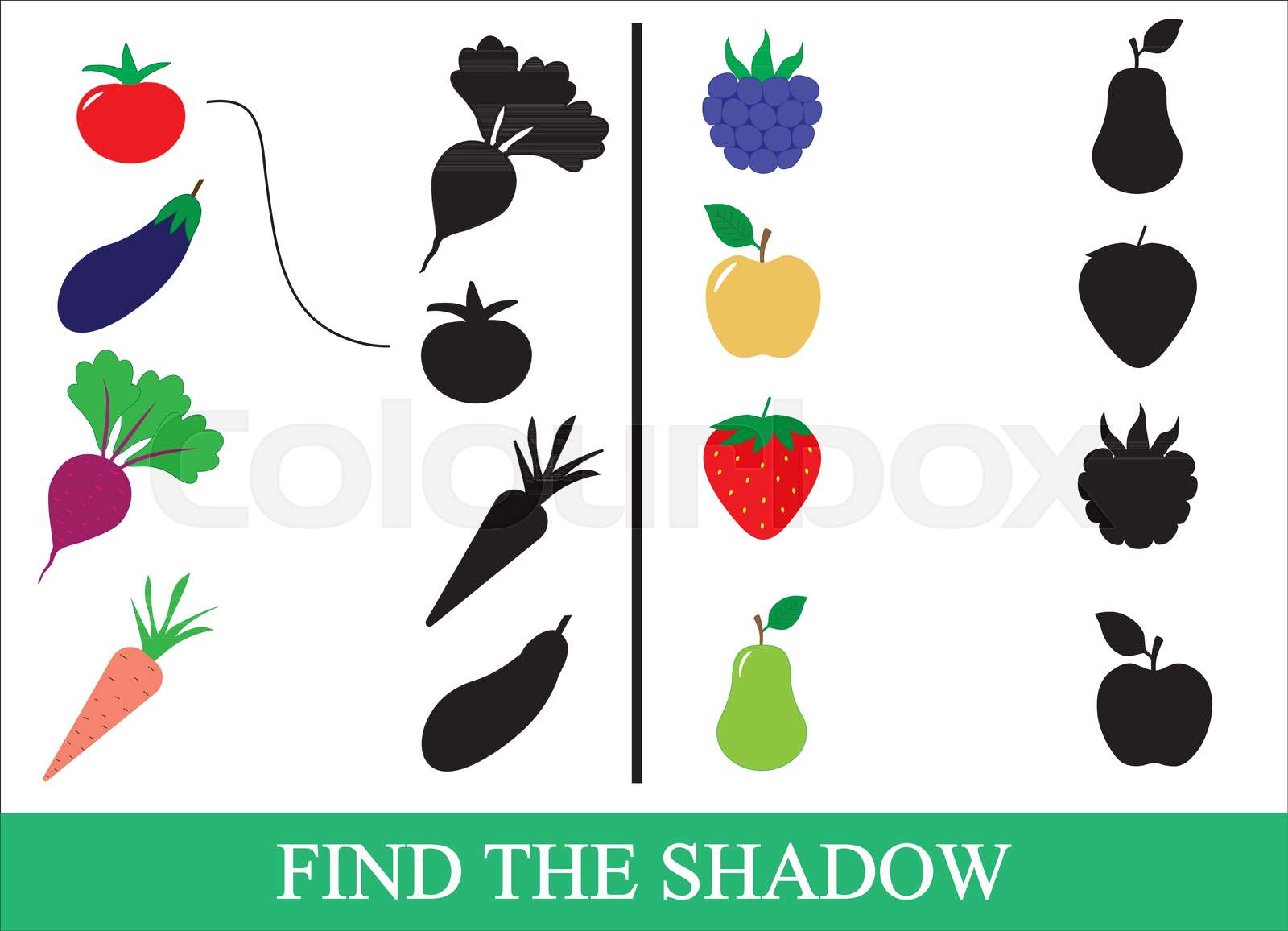 Vegetables, berries and fruits. Find the correct shadow. Game for ...