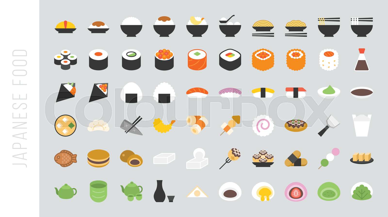 Big set of japanese food and beverage flat icon | Stock vector | Colourbox