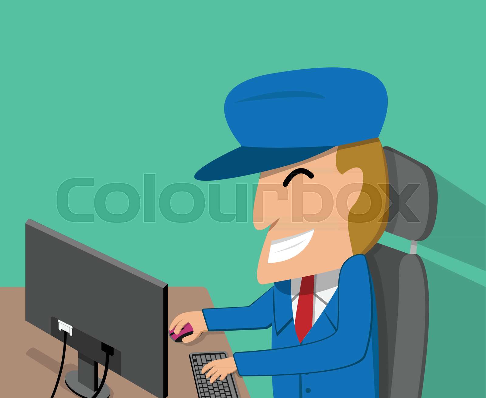 A man is happy while using the desktop computer | Stock vector | Colourbox