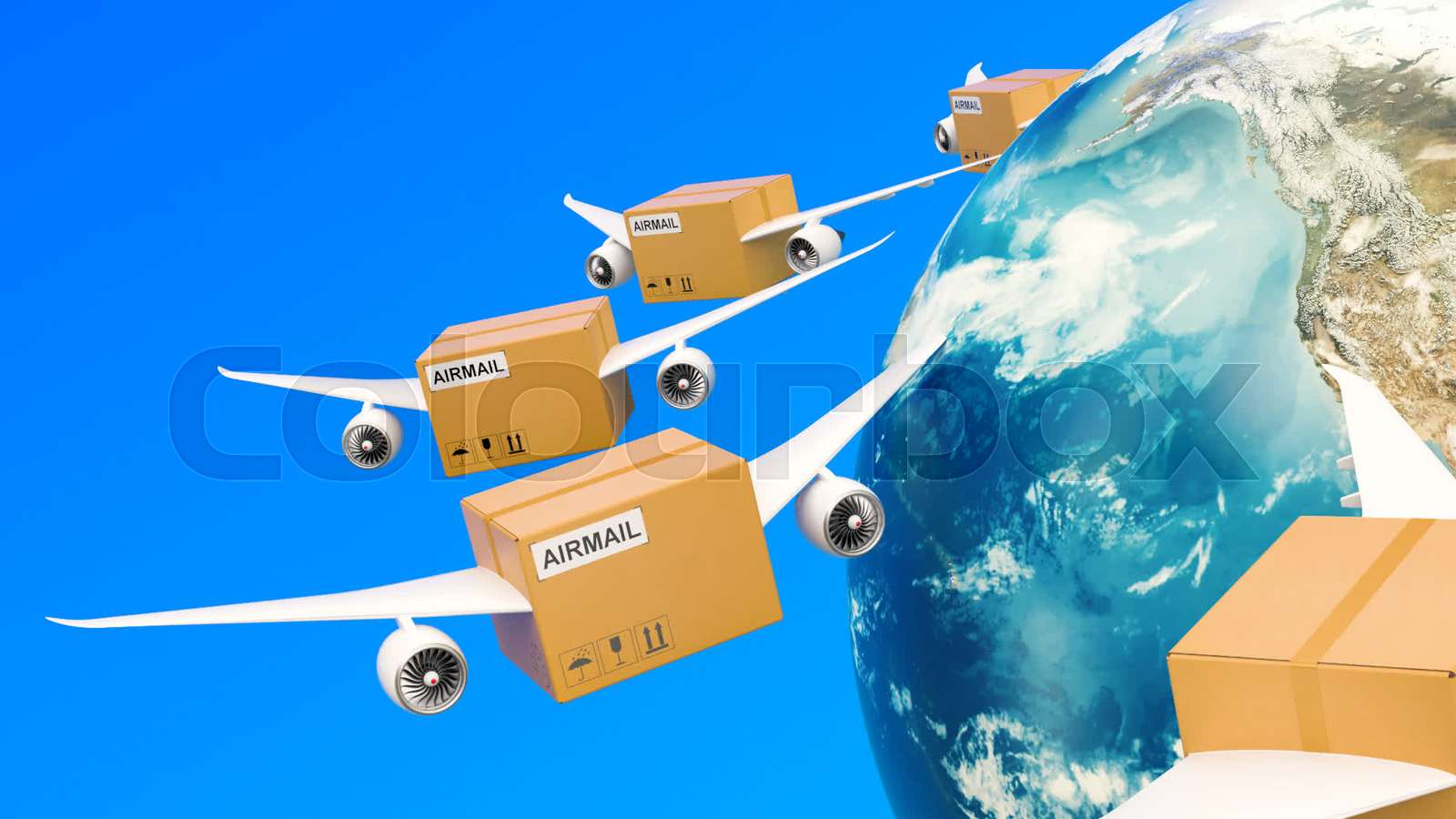 Parcels with wings flying in the sky around Earth globe. Global ...