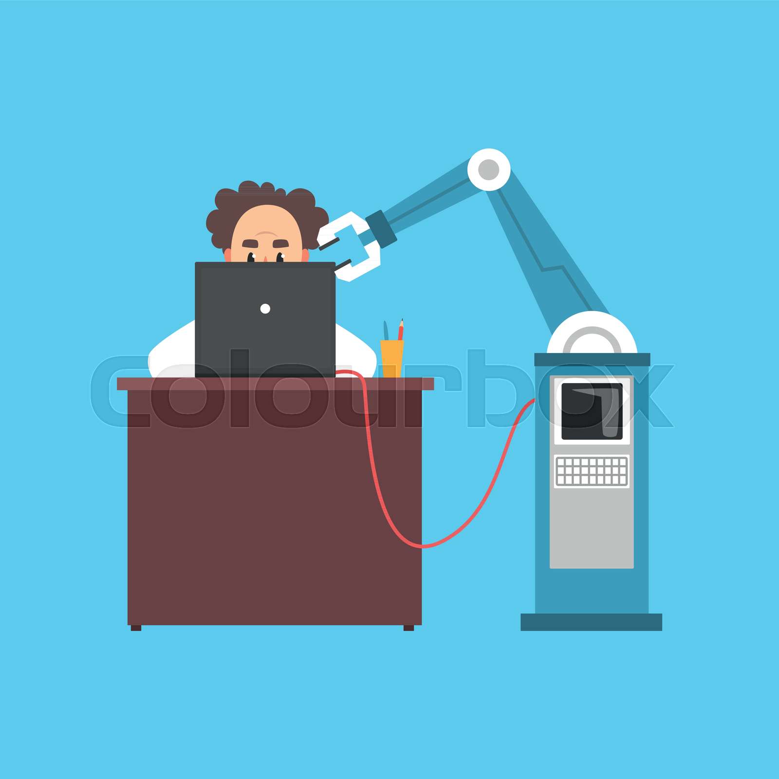 Male scientist cartoon character working with computer and robotic arm ...