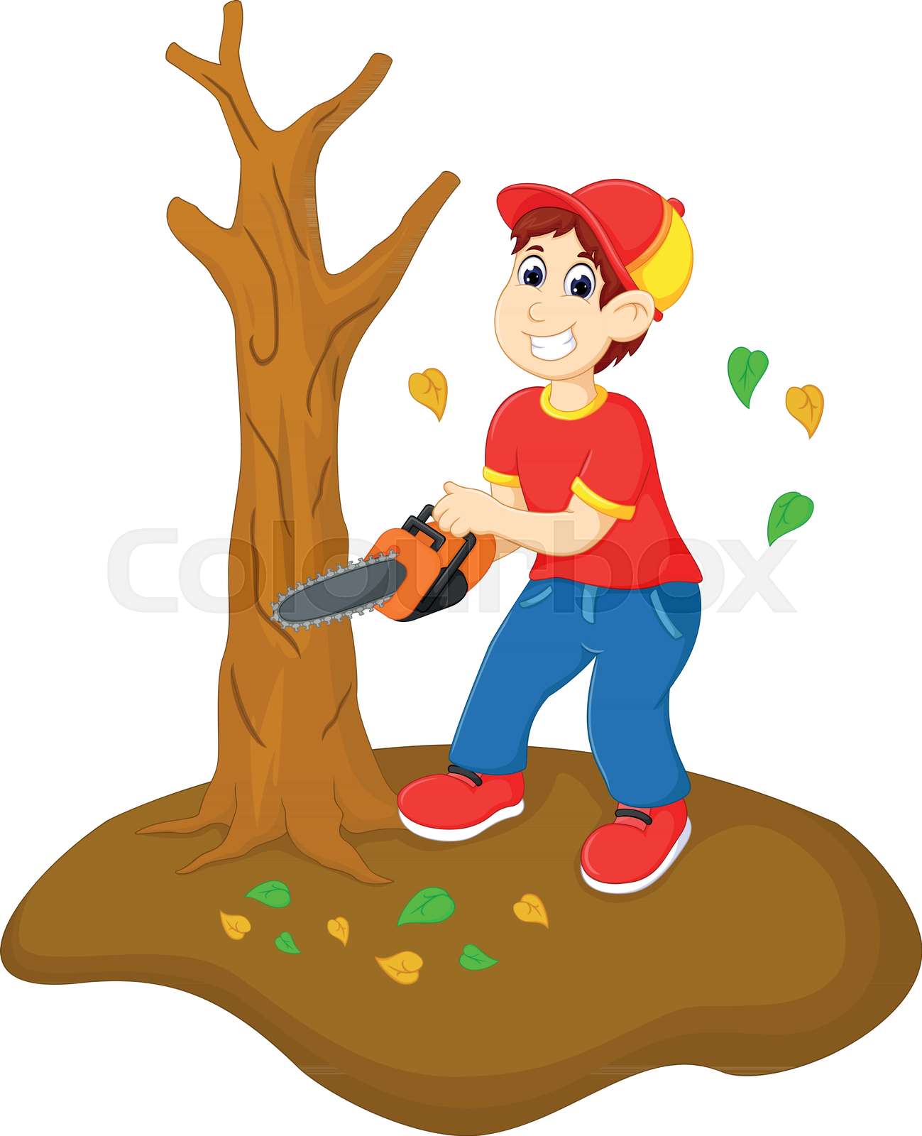 cute cutter cartoon cutting tree with smile | Stock vector | Colourbox