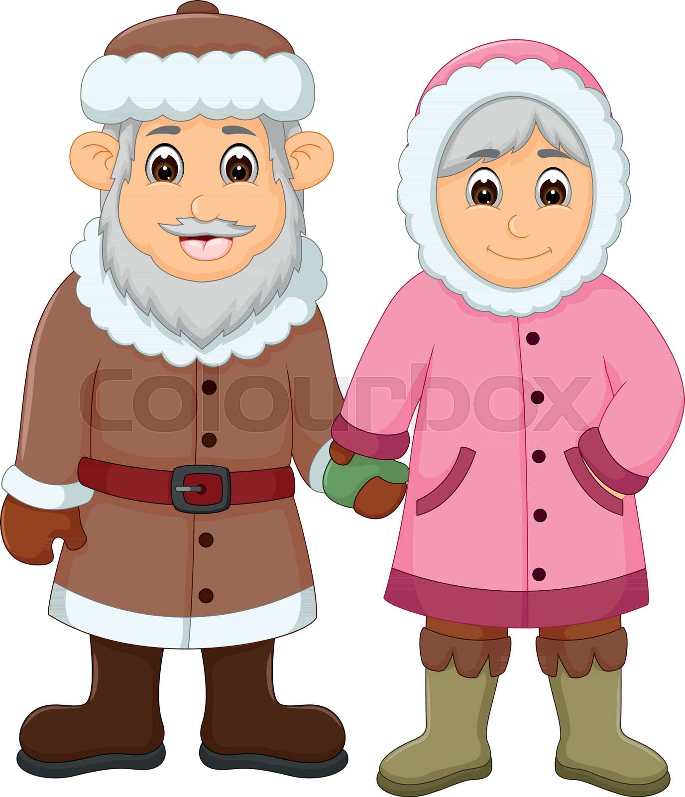 sweet old girl and old man cartoon standing use cold clothes with smile ...