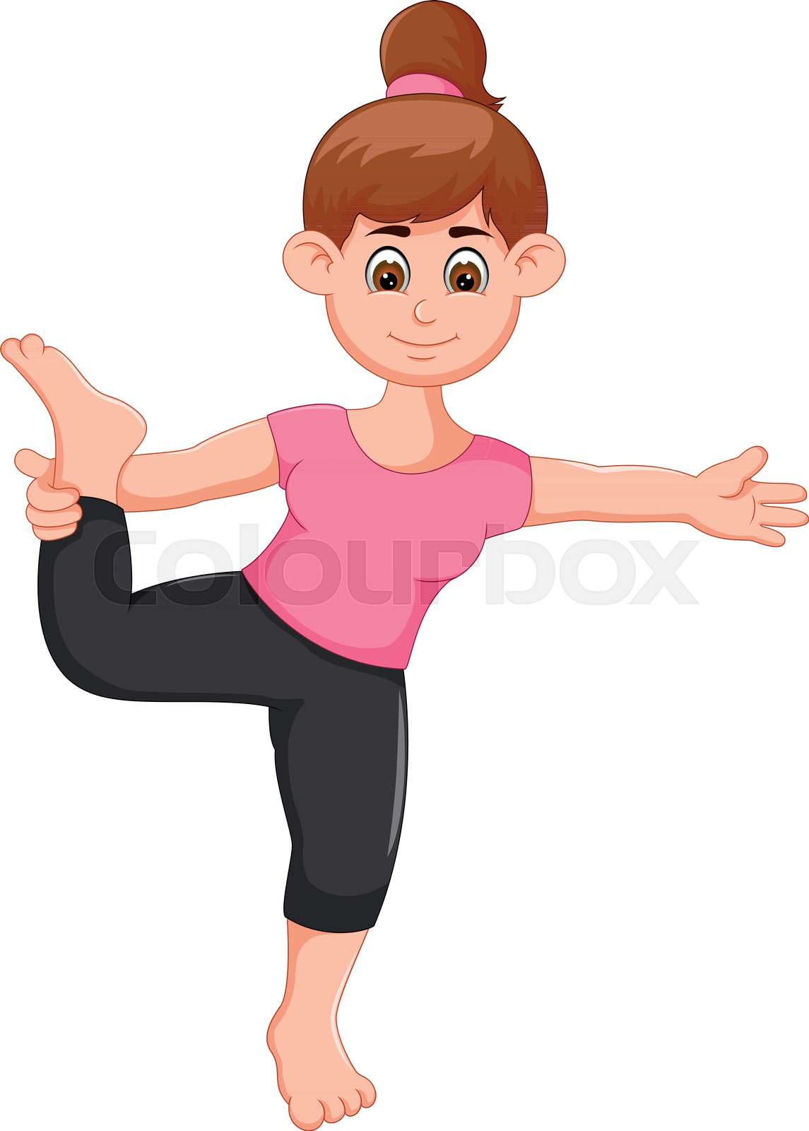 cute yoga coach cartoon in action standing on one leg with waving and ...