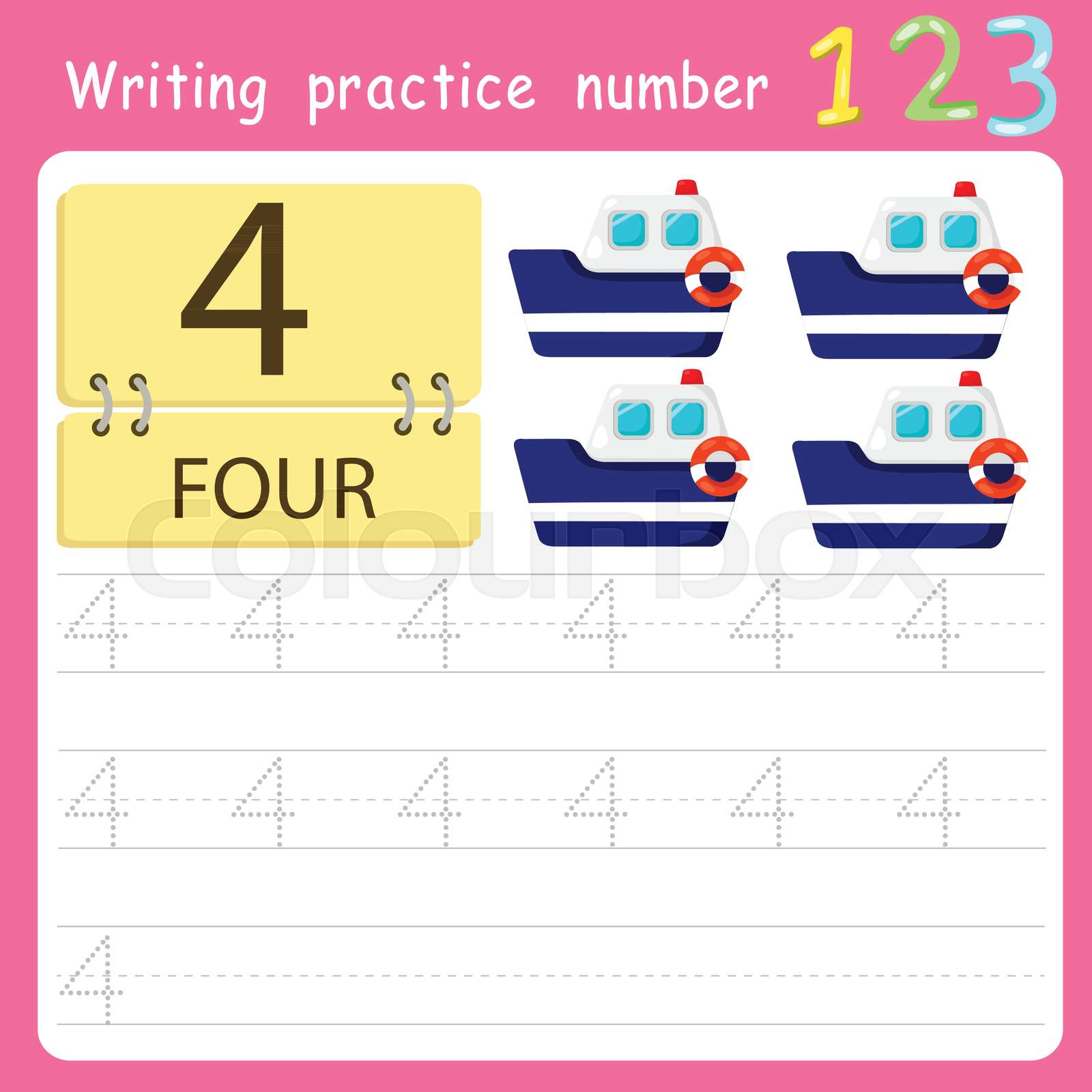 Worksheet Writing practice number four | Stock vector | Colourbox