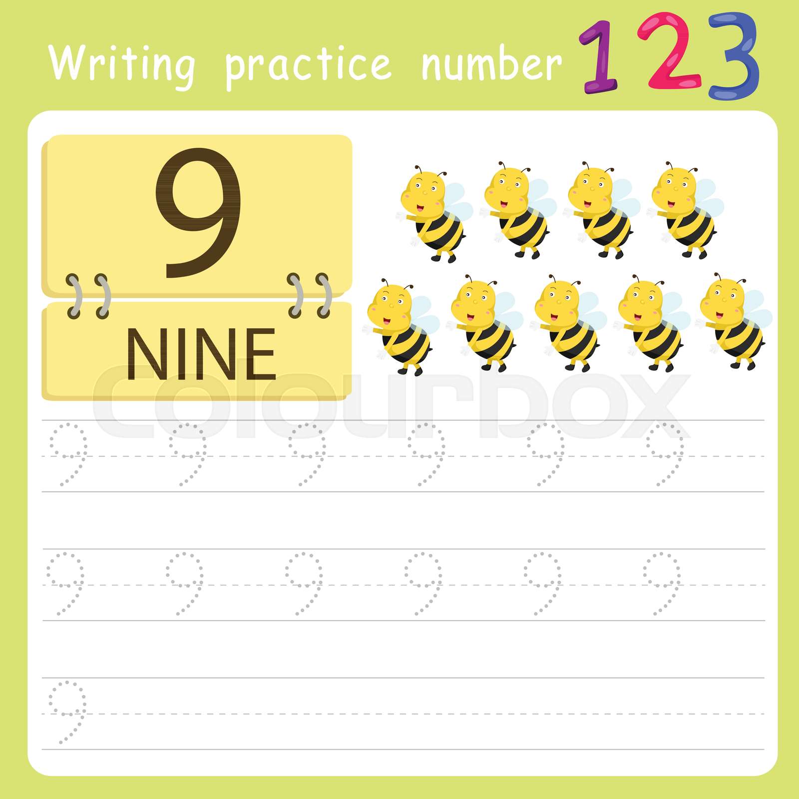 worksheet Writing practice number nine | Stock vector | Colourbox