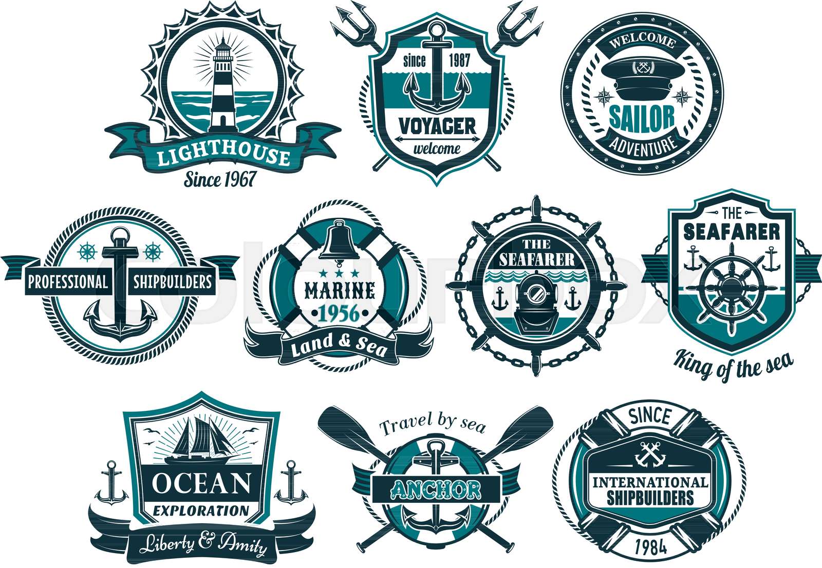 Sea anchor and boat helm nautical badge set | Stock vector | Colourbox