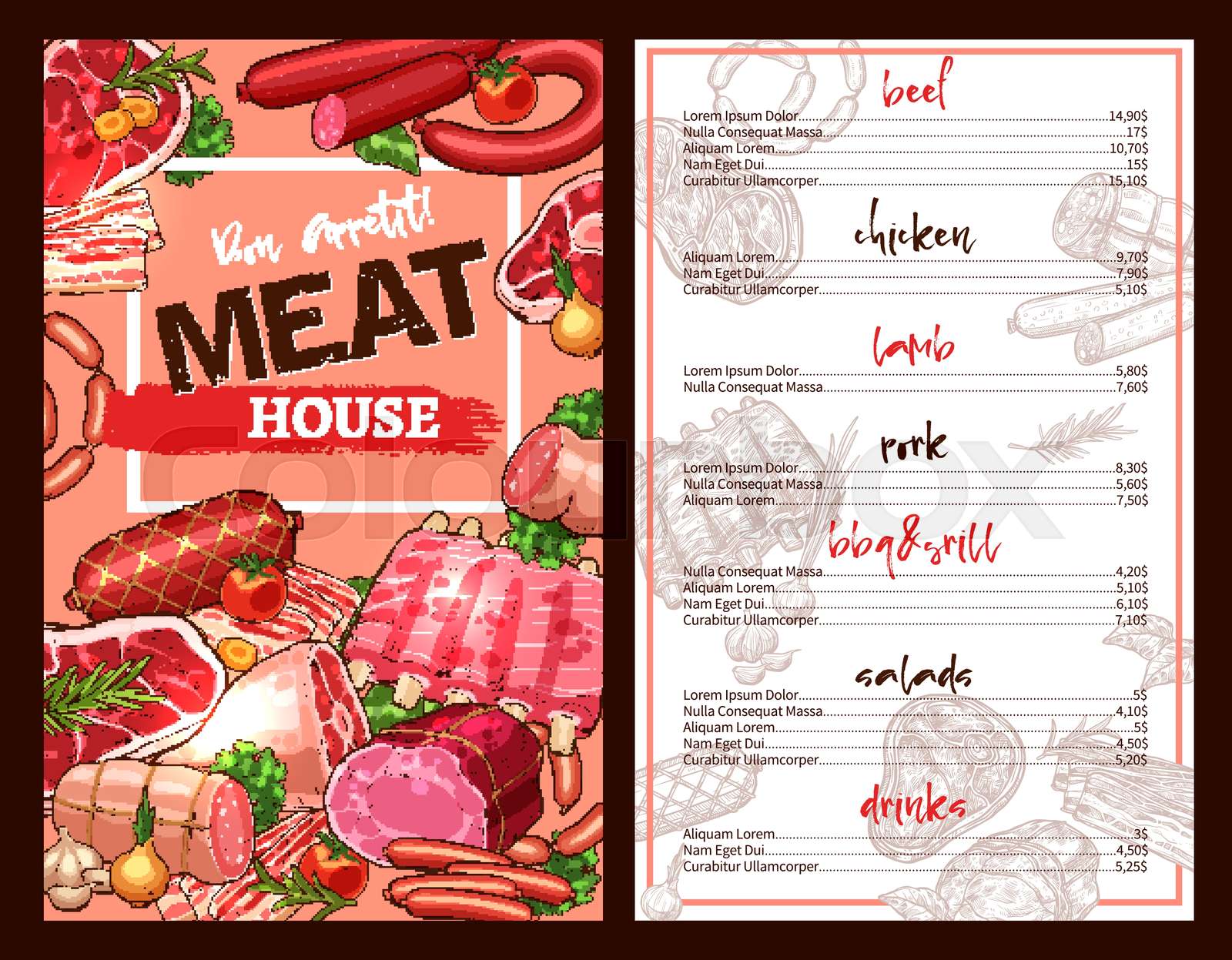 Vector price menu for meat house restaurant sketch | Stock vector ...