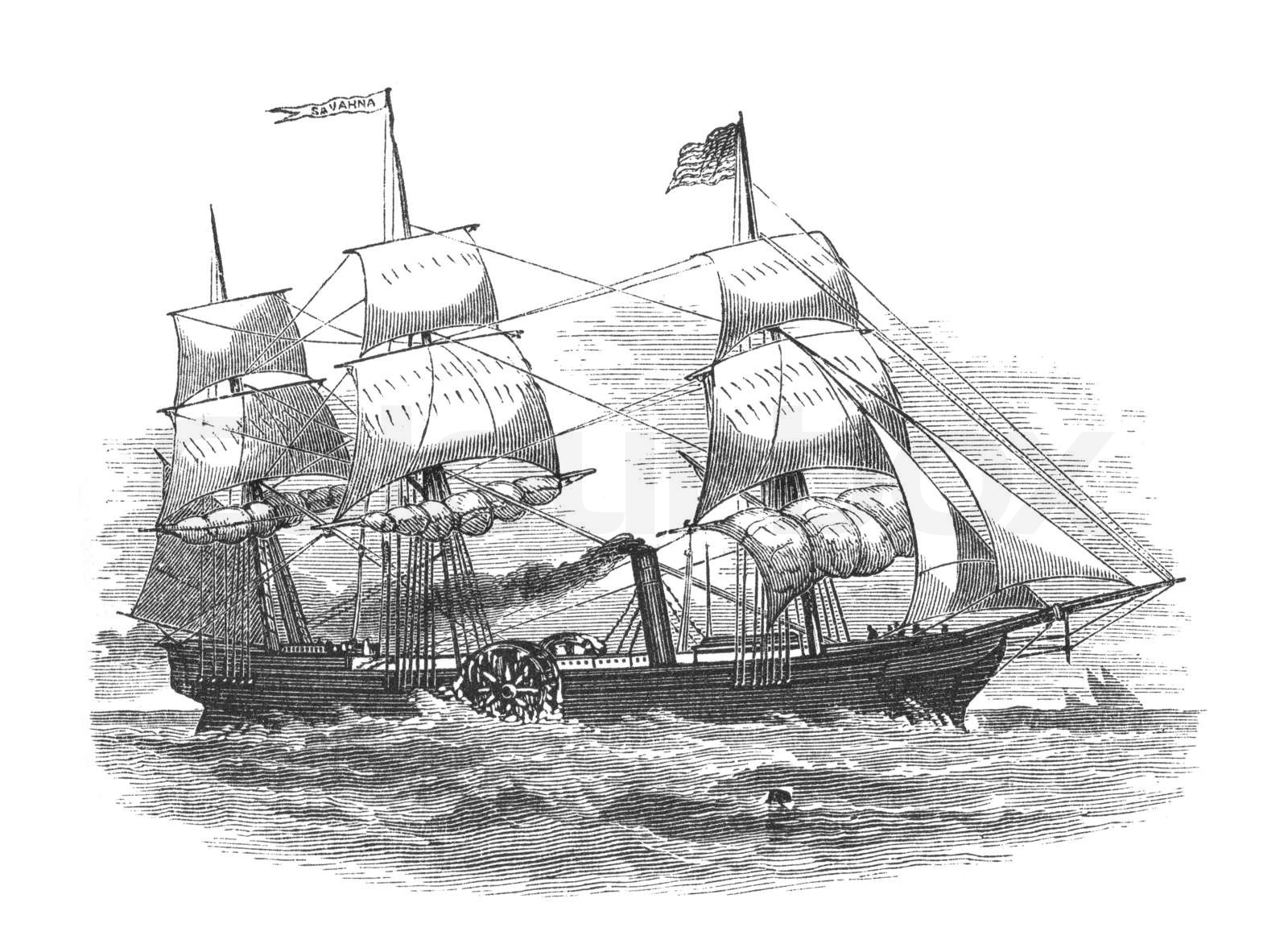 SS Savannah, hybrid sailing ship/sidewheel steamer, the first steamship ...