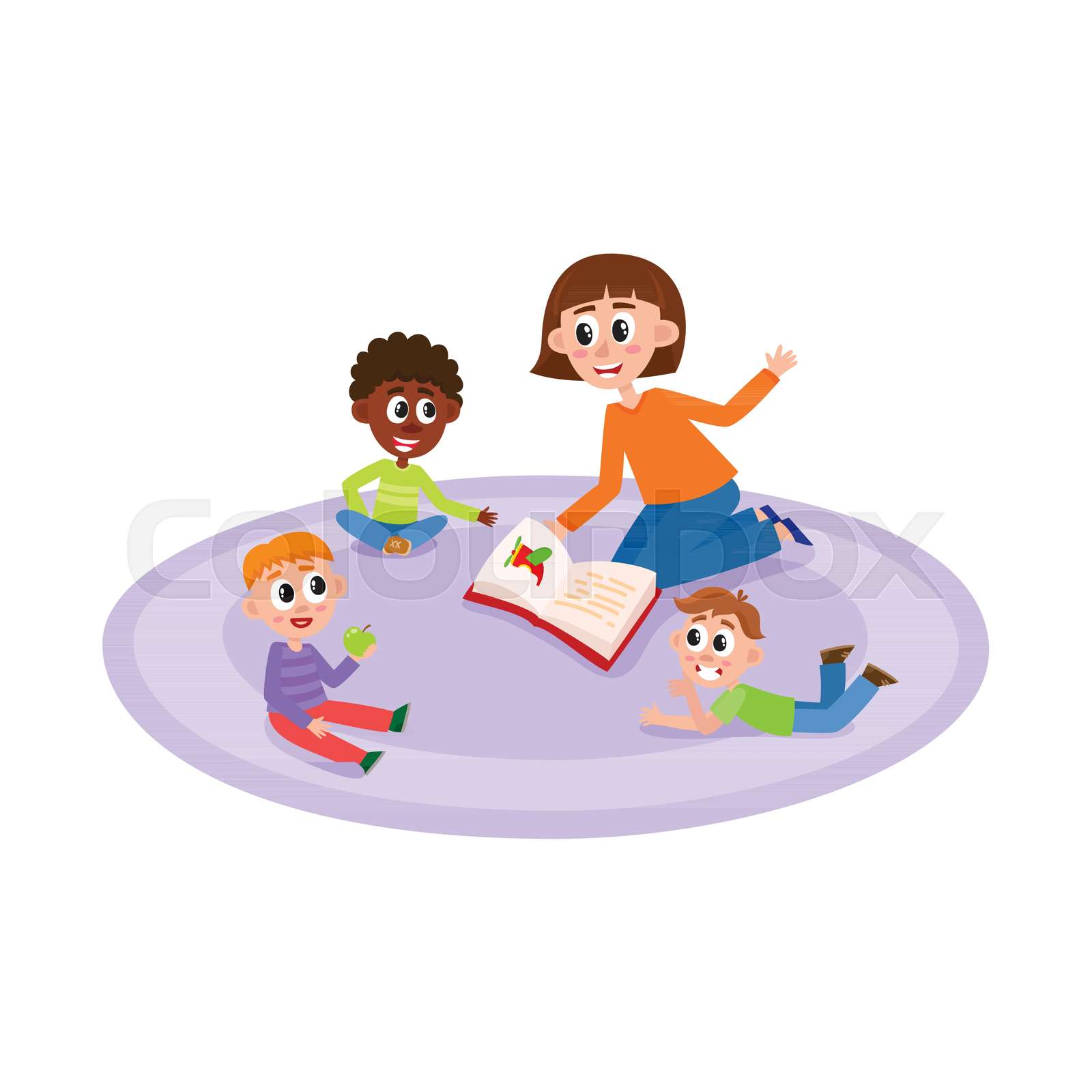 vector flat cartoon children sitting around woman | Stock vector ...