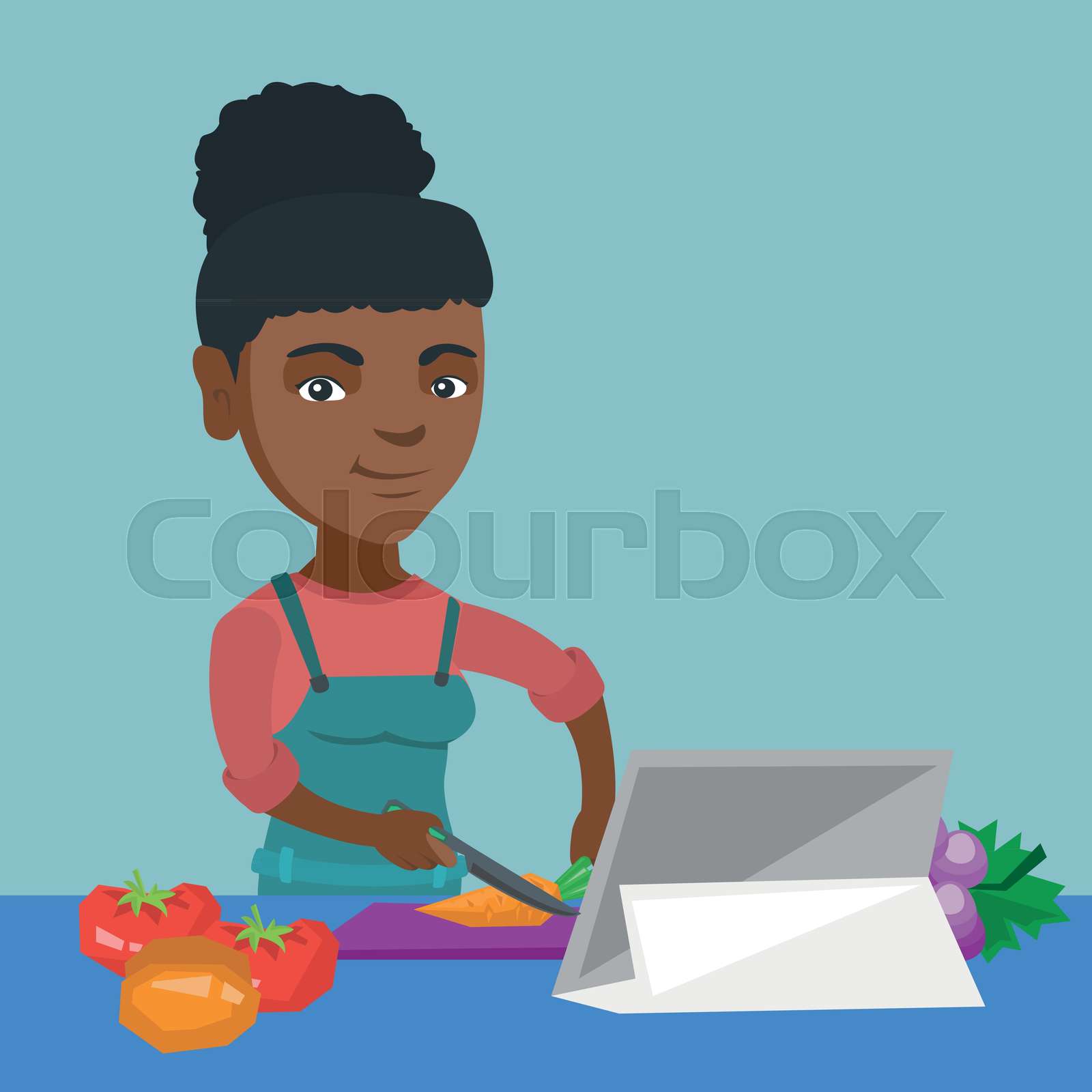 African woman cooking healthy vegetable salad. | Stock vector | Colourbox