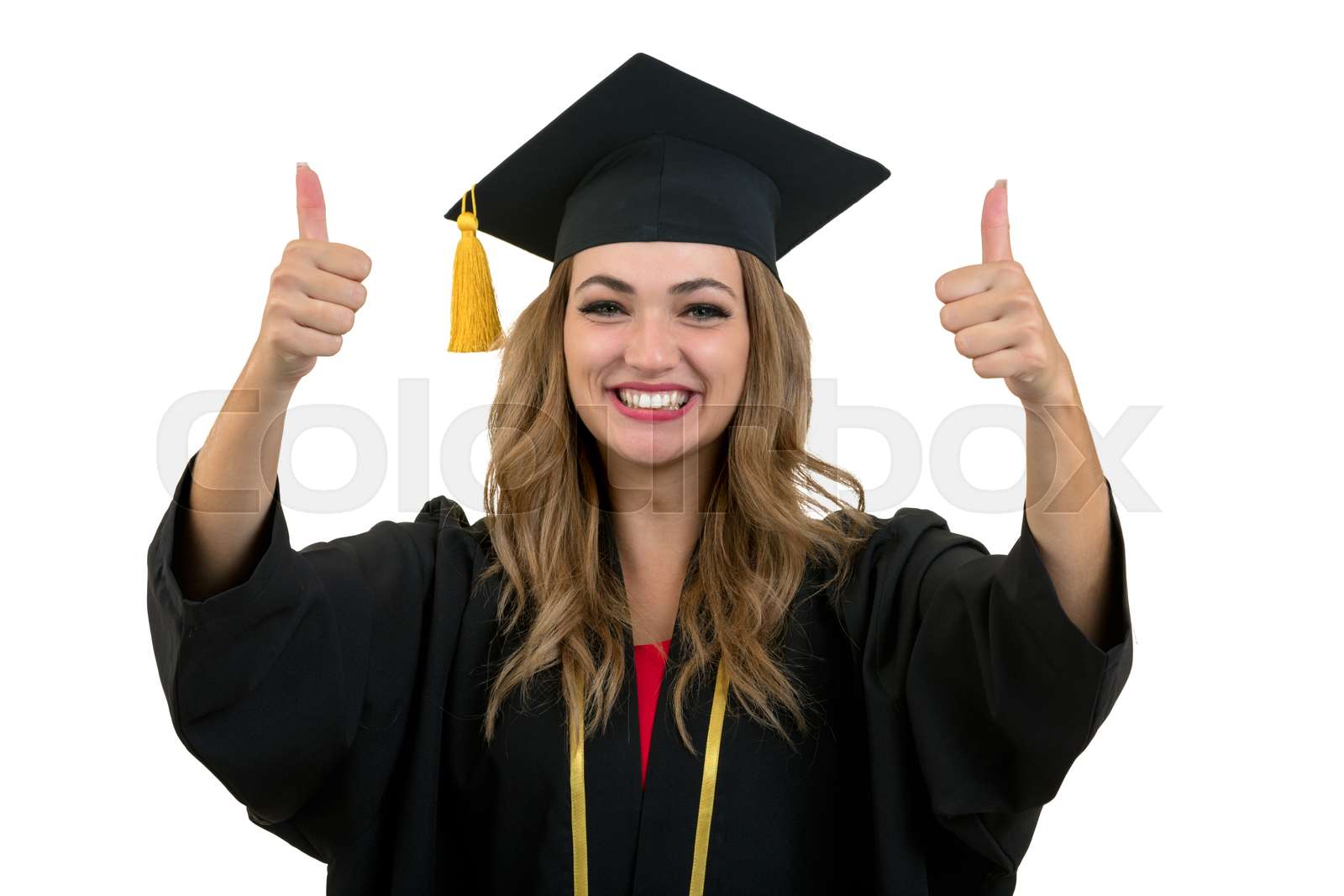 Full isolated studio picture from a young graduation woman | Stock ...