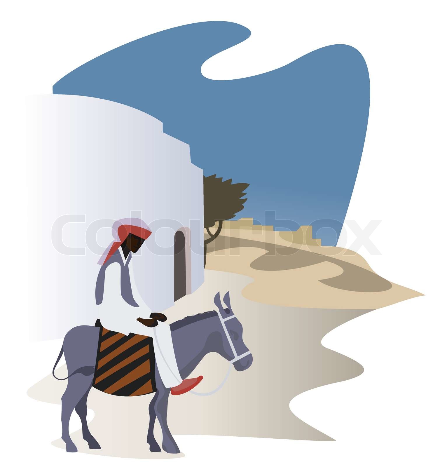 Muslim riding a donkey down the street Arab city | Stock vector | Colourbox