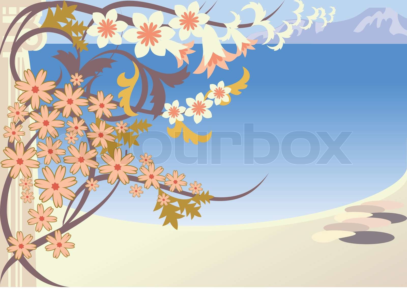 Flowering vines wound columns of ancient Greek building on the beach ...