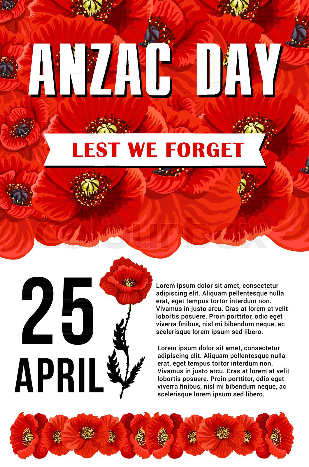 Anzac Day Lest We Forget red poppy vector poster | Stock vector | Colourbox