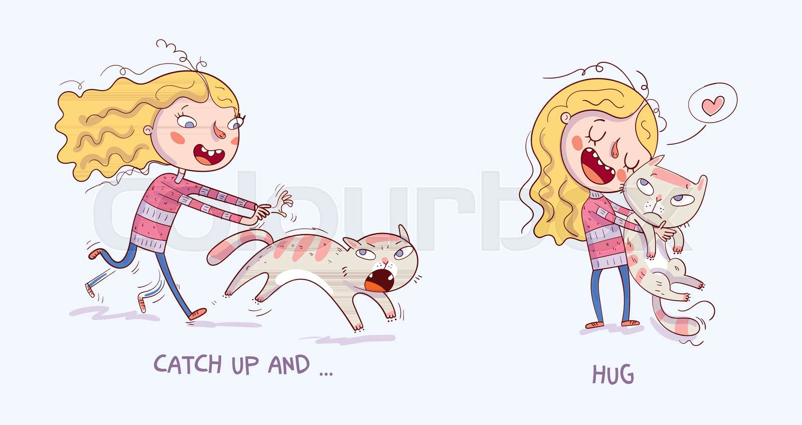 Cartoon girl is catching the cat. Girl holding and strongly cuddling ...