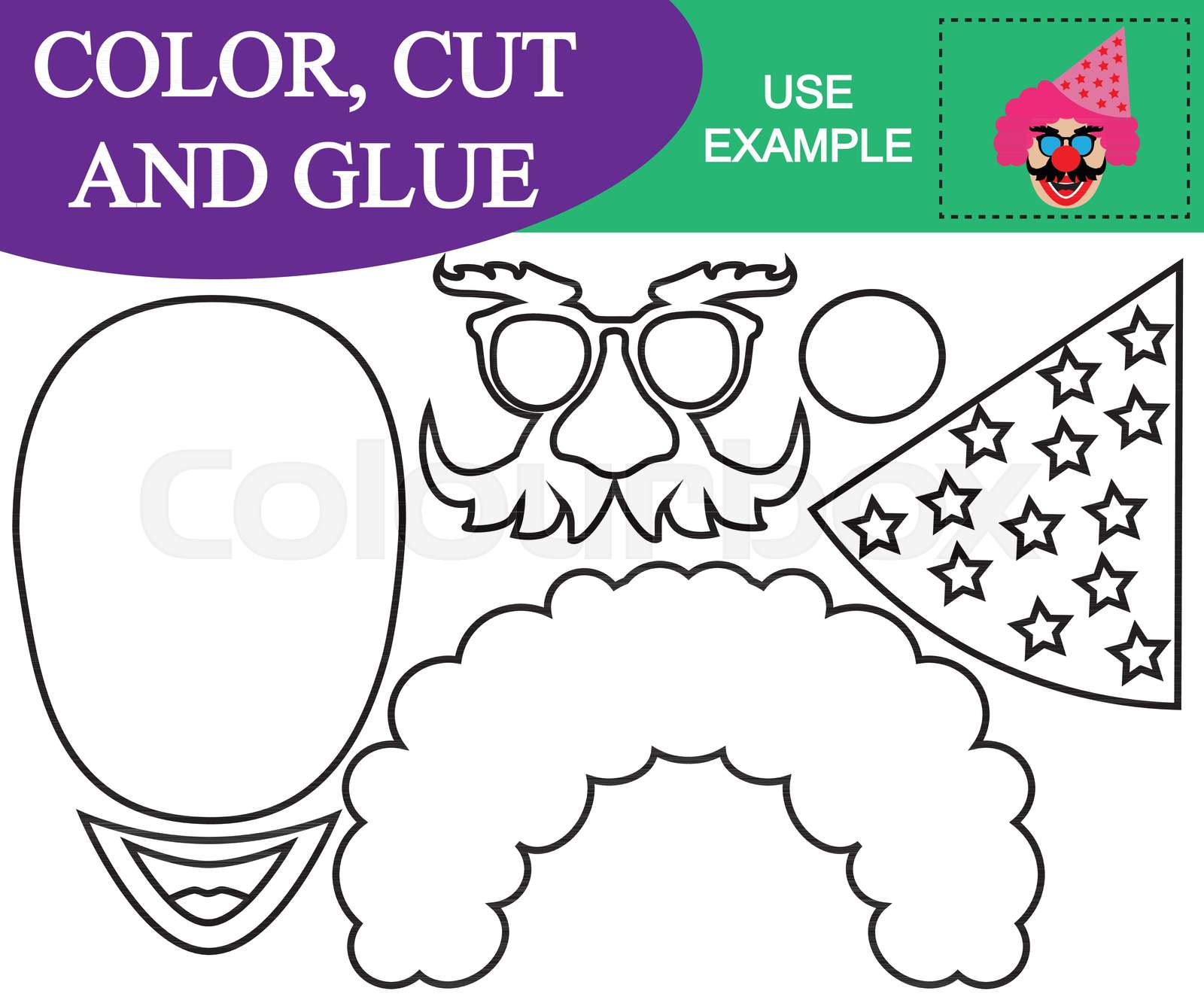 Paint, cut and paste to create the image of head of clown with cap ...